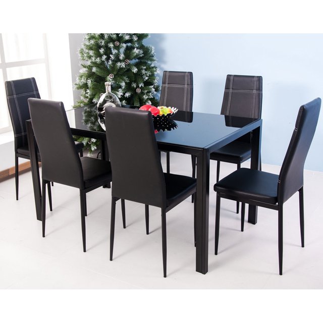 Merax 7-Piece Glass Top Rectangular Dining Set Glass Metal Dining Table ...