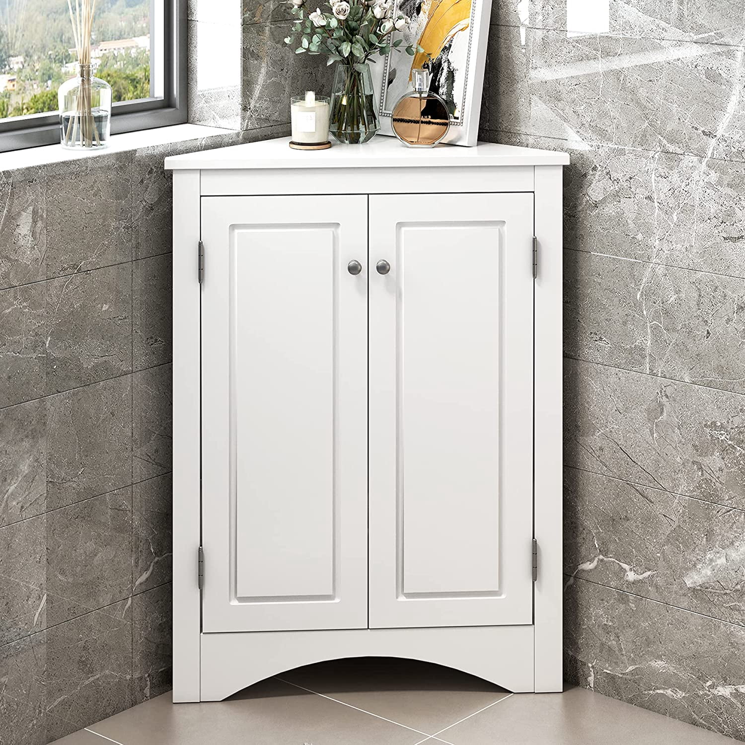 Merax Corner Cabinet with Adjustable Shelves, Bathroom Cabinet with Two ...