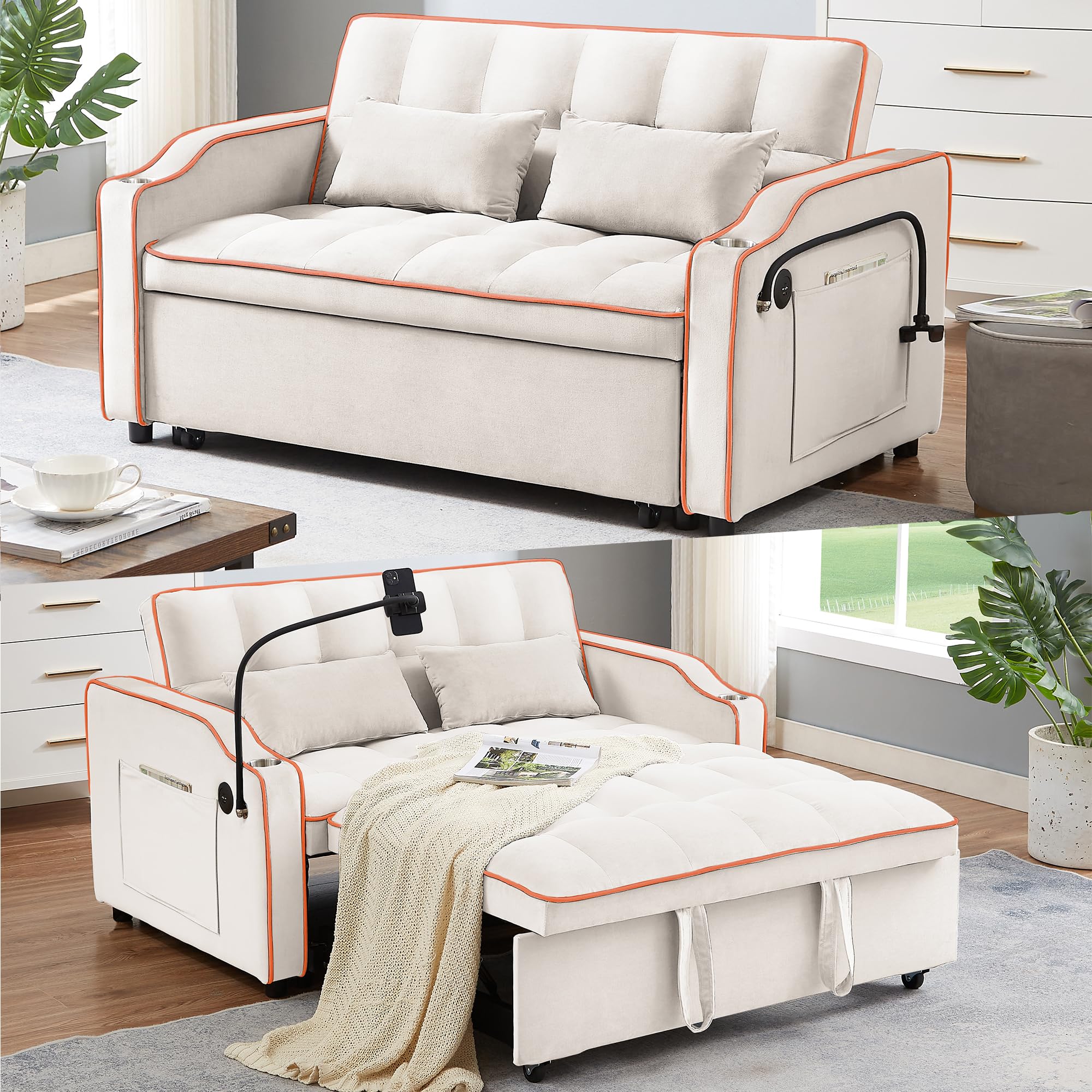 Merax Modern Foldable Sofa Bed with USB Charging Ports,Pull Out Velvet ...