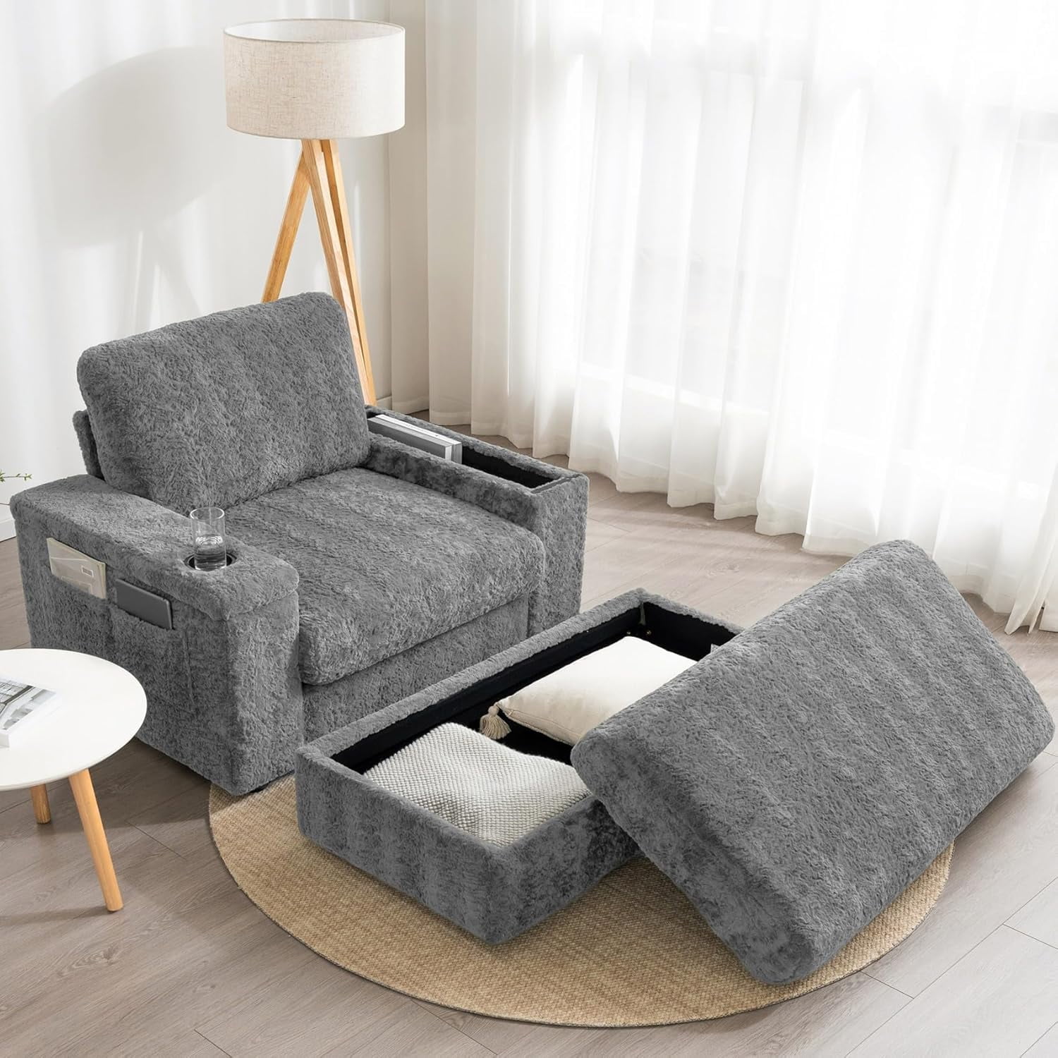 Merax Oversized Chaise Lounge Chair Indoor with Storage Armrest ...