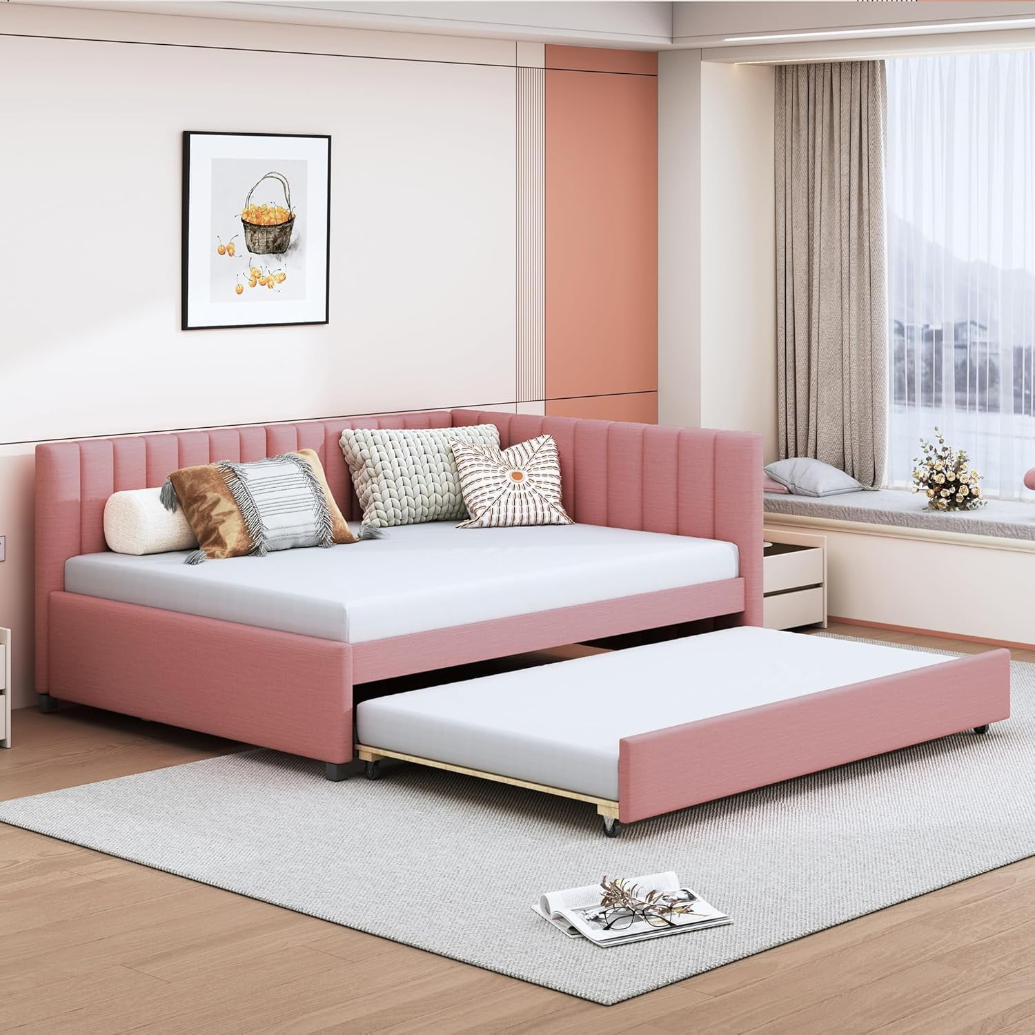Merax Upholstered Full Size Daybed Frame, L-Shaped Full Platform Bed ...