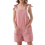 Mercatoo Girls Overalls Cotton Linen Shortalls Adjustable Tie-Up Strap ...