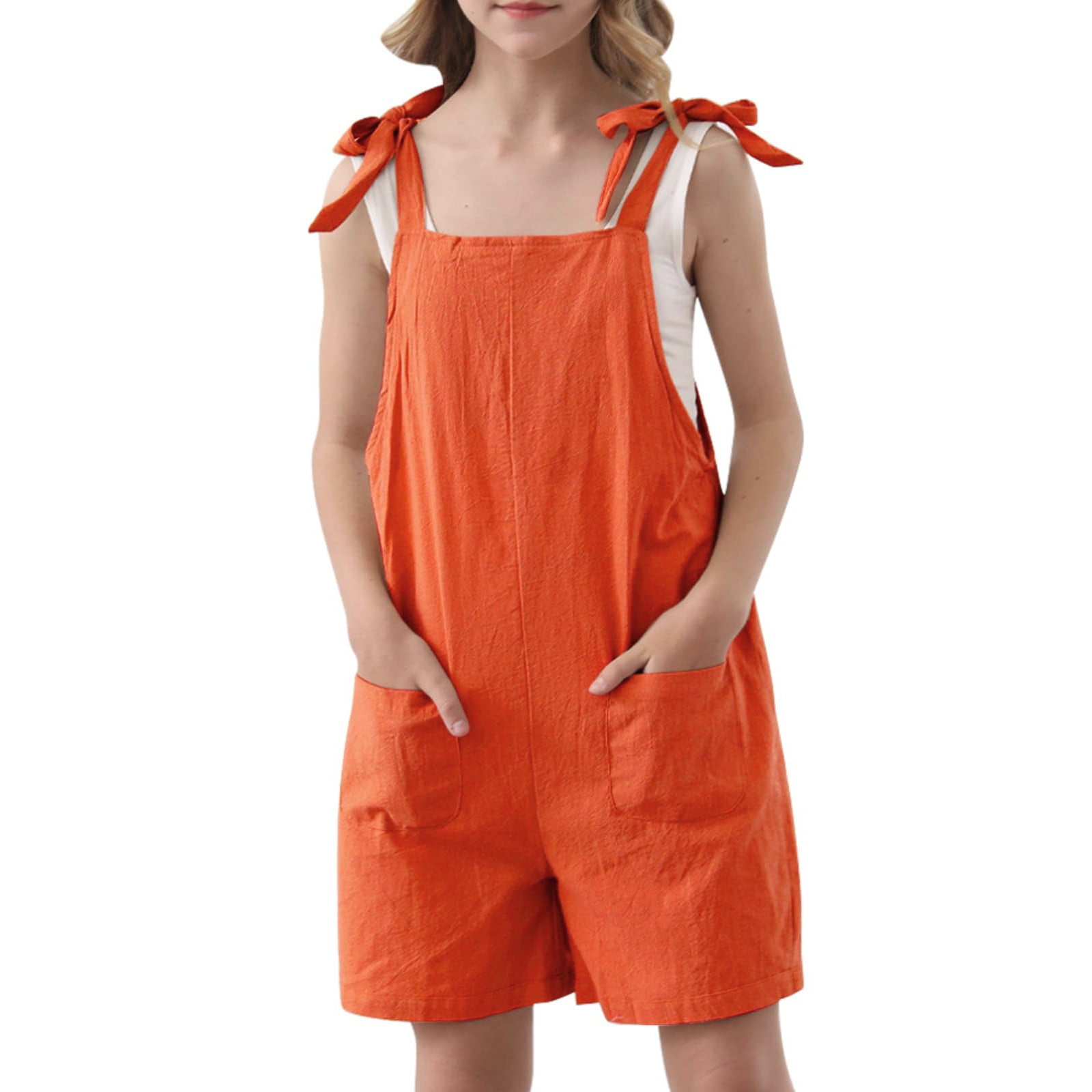Mercatoo Girls Overalls Cotton Linen Shortalls Adjustable Tie-Up Strap ...