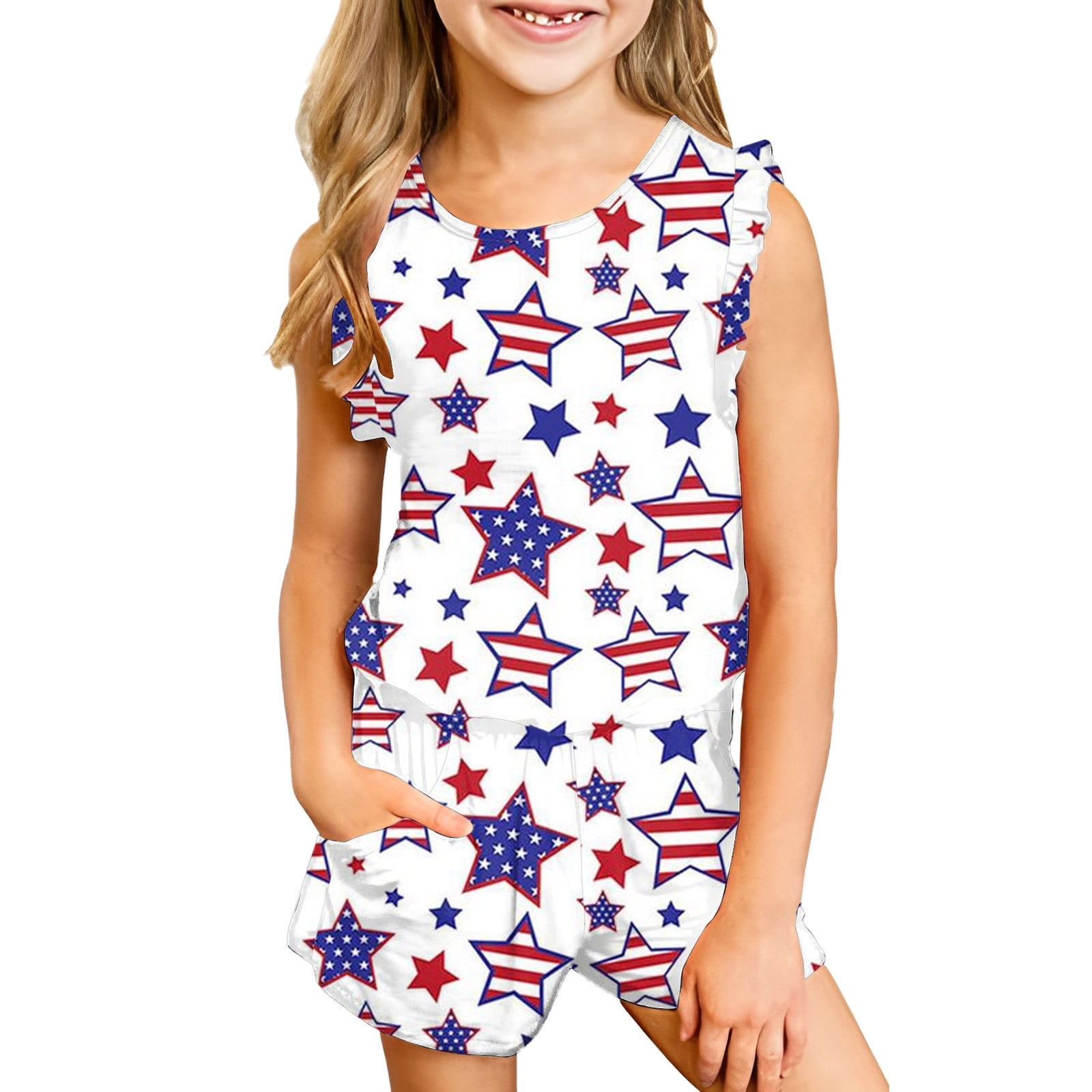 Mercatoo Kids Girls Clothes Set Prints Sleeveless Independence Day ...