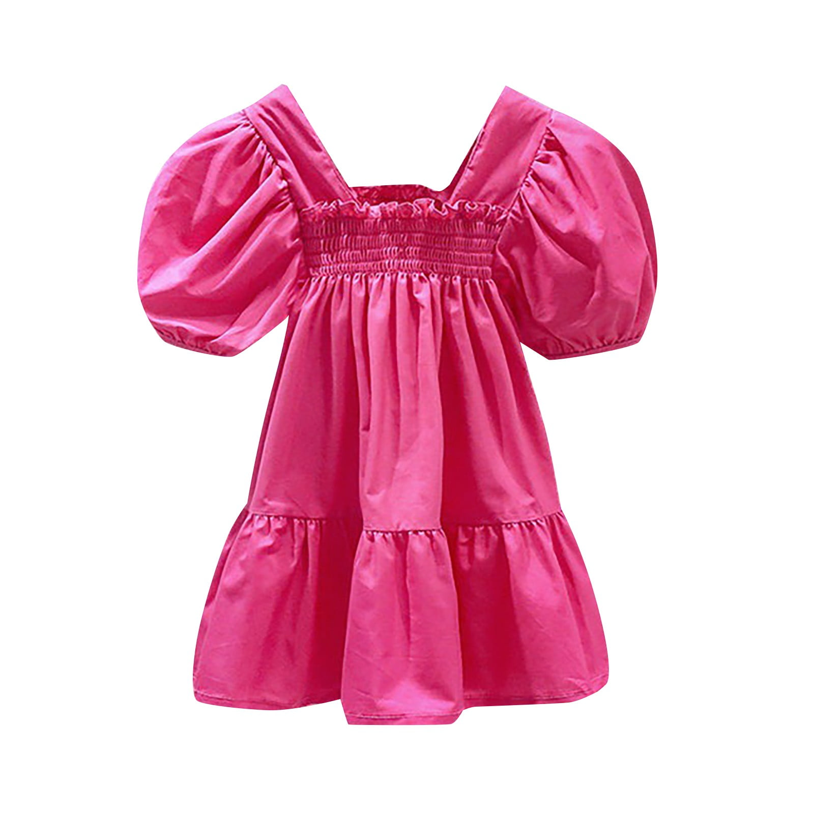 Mercatoo Kids Girls Prom Dress Puff Sleeves Solid Casual Party Ruffled ...