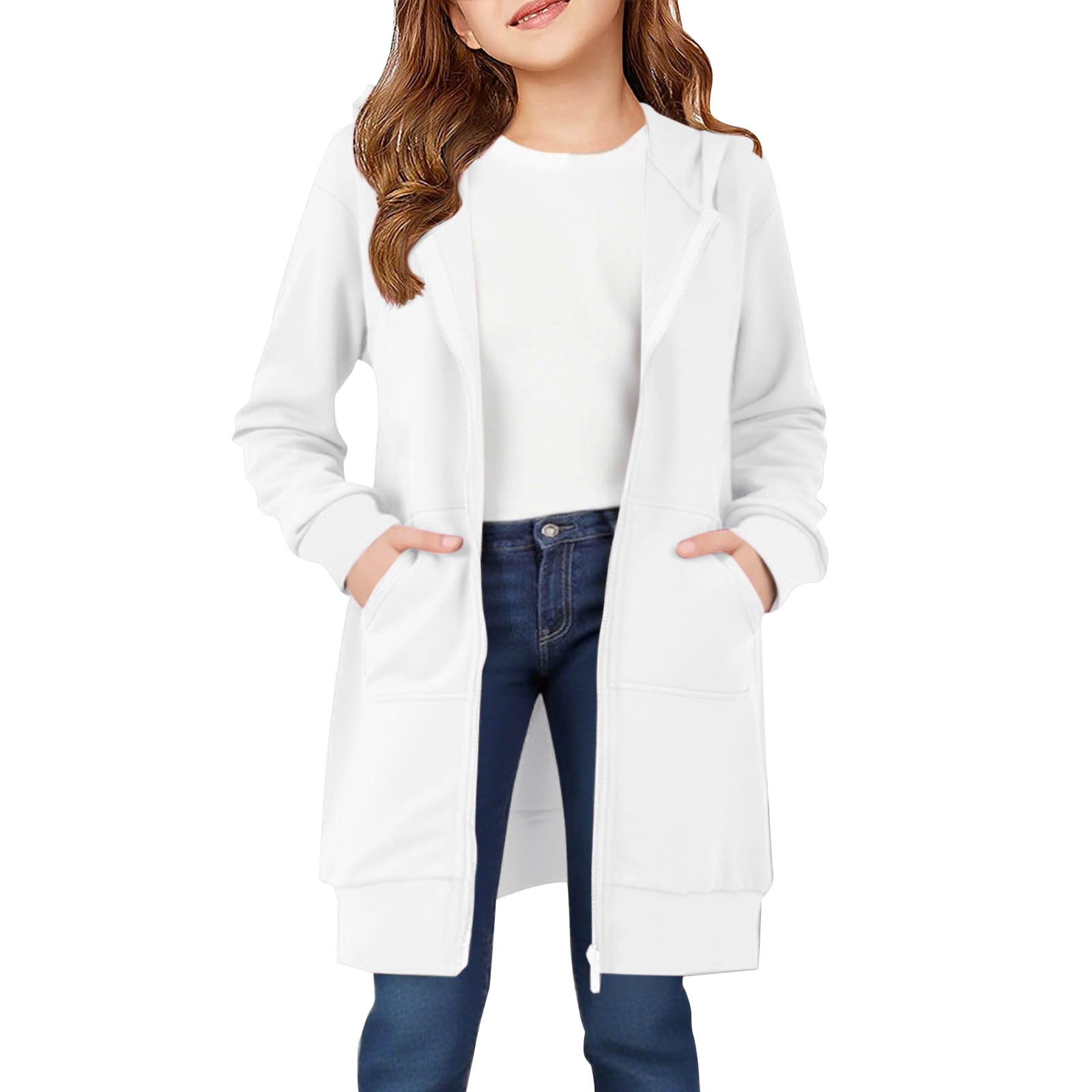 Mercatoo Zip Up Long 𝗛oodie for Girls Double Zipper Fleece Jacket Tuni𝗰 ...