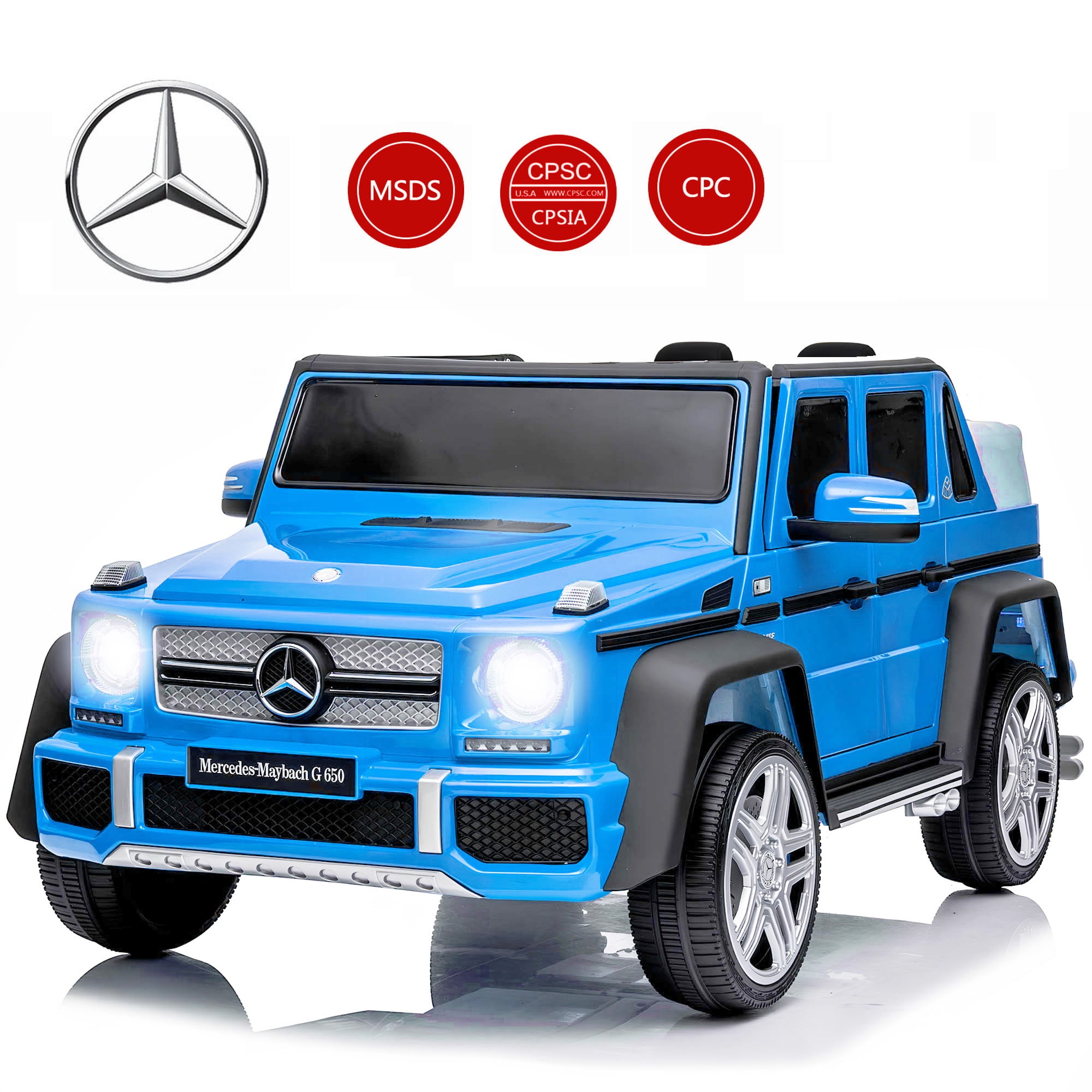 Blue Mercedes 4DW 12V Kids Ride on Car with LED Lights & Bluetooth, 3-6 ...