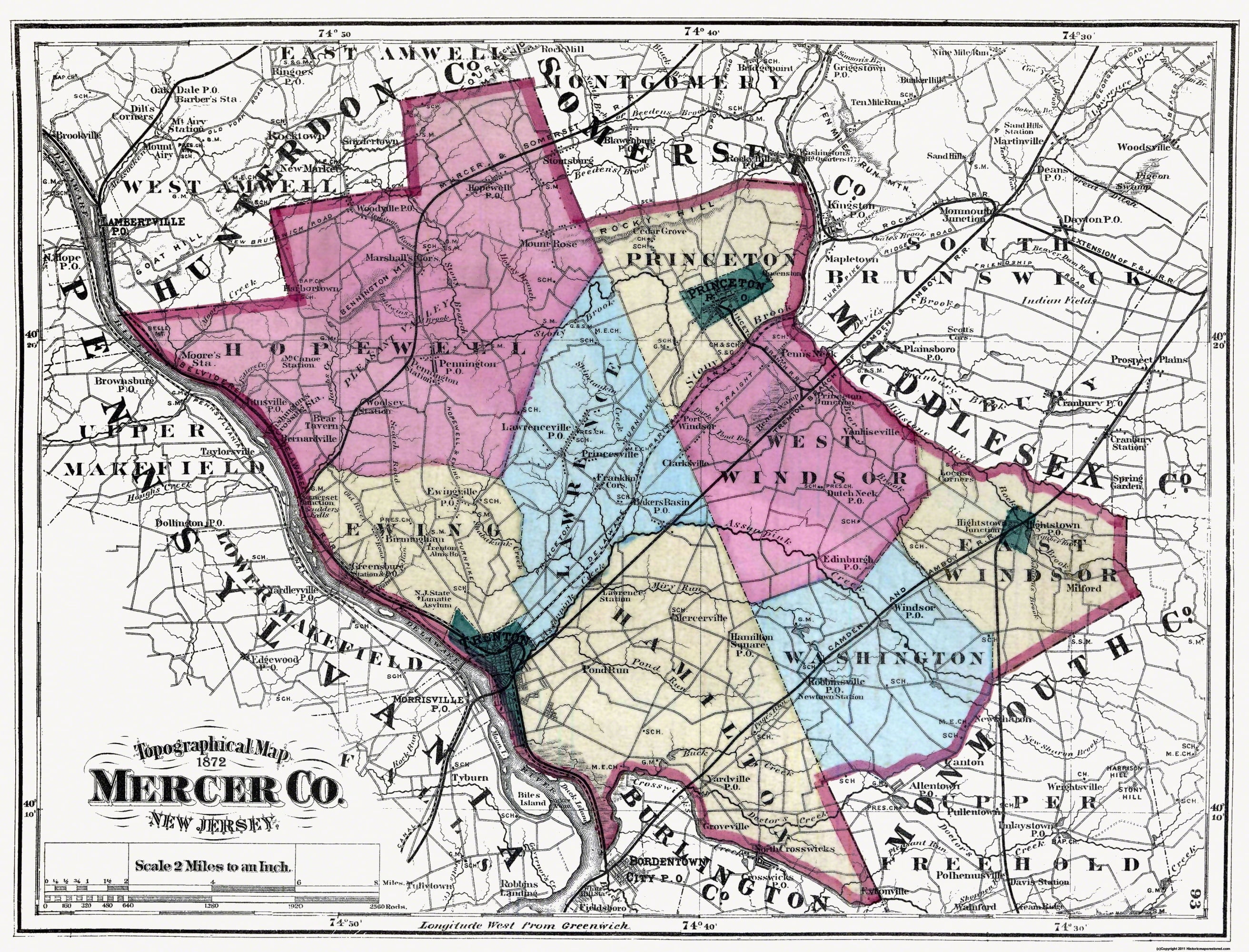 Historic County Map - Mercer County New Jersey - Beers 1872 - 30.19 x ...