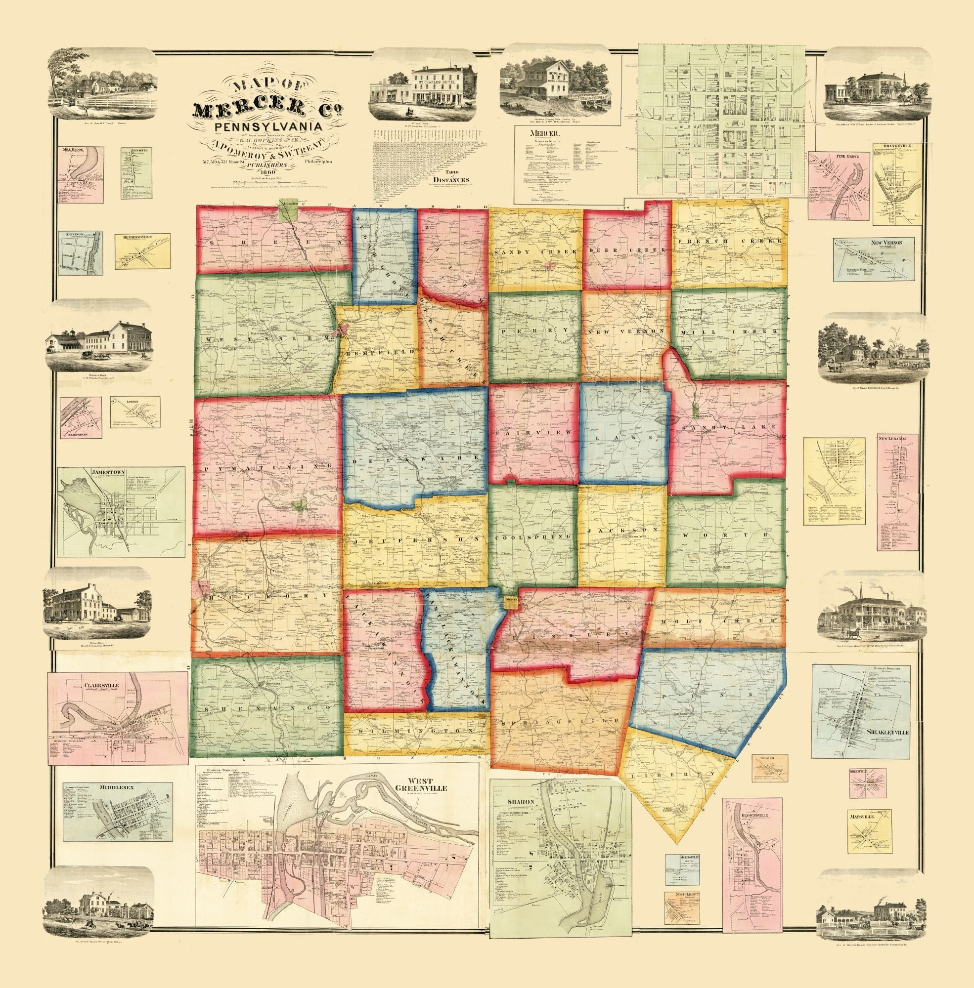 Historic County Map - Mercer County Pennsylvania - Treat 1860 - 23 x 23 ...