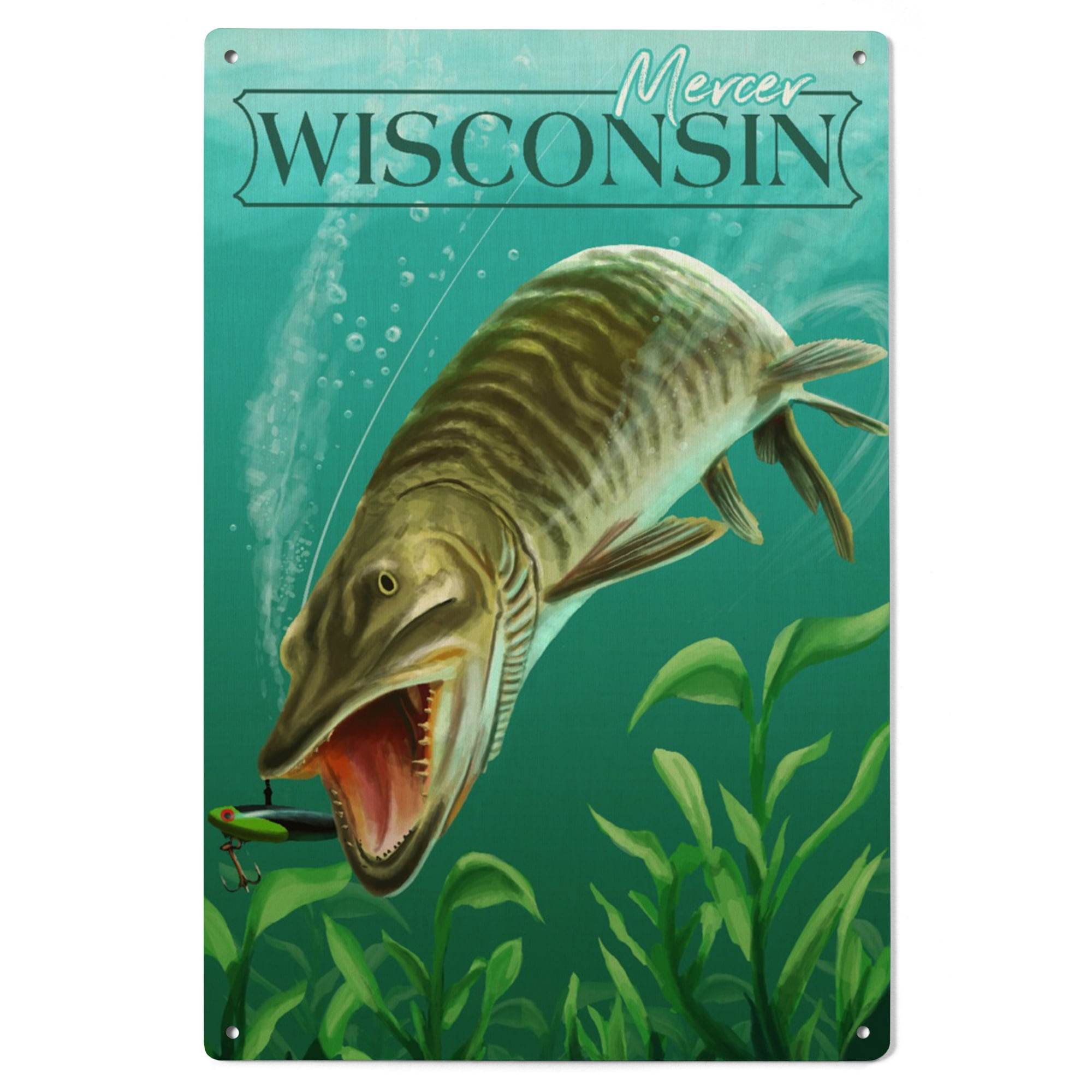 Mercer, Wisconsin, Muskie Scene Birch Wood Wall Sign (6x9 Rustic Home ...