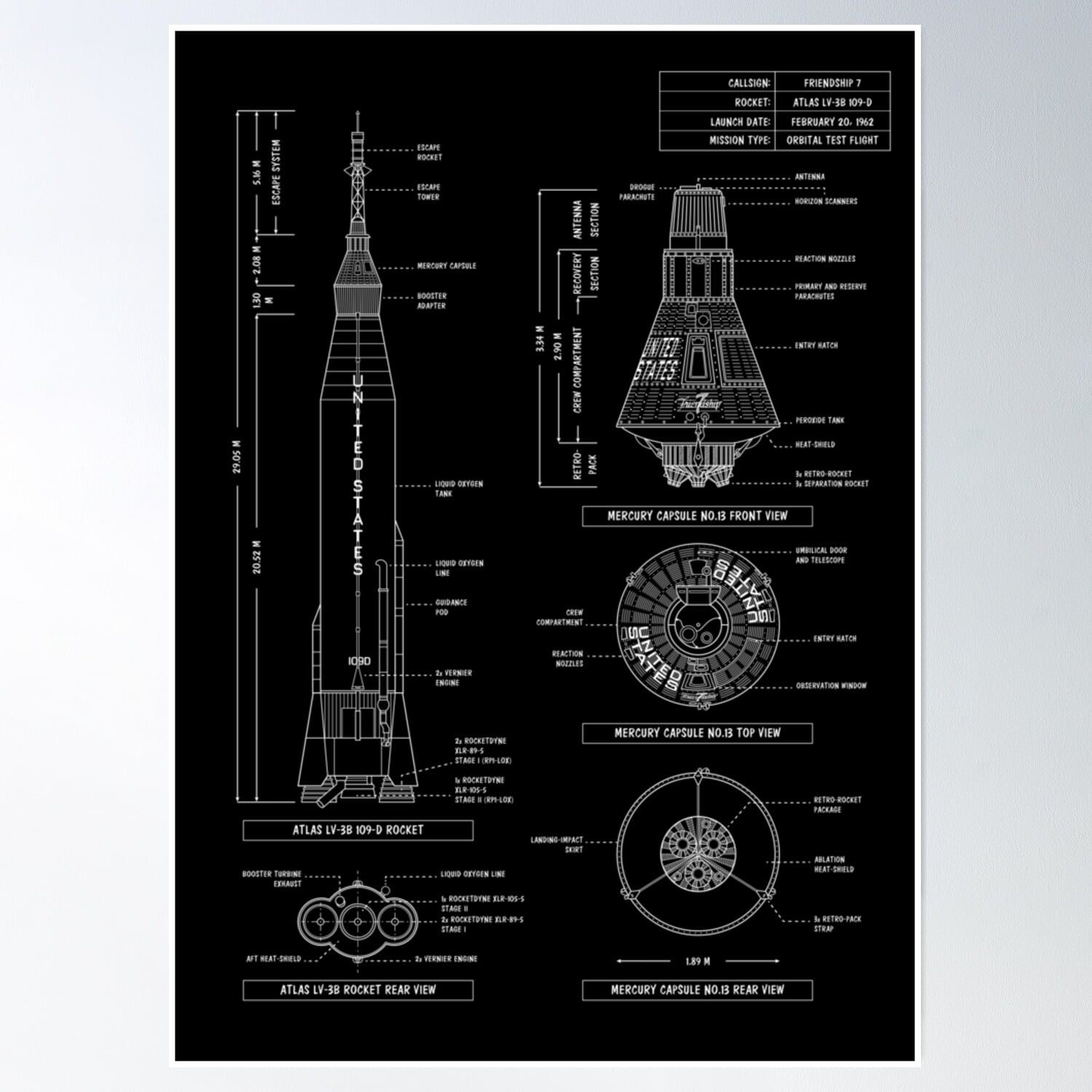 Mercury - Atlas: First Usa Orbital Spaceflight (White Stencil - No Background. Vertical) Poster ...