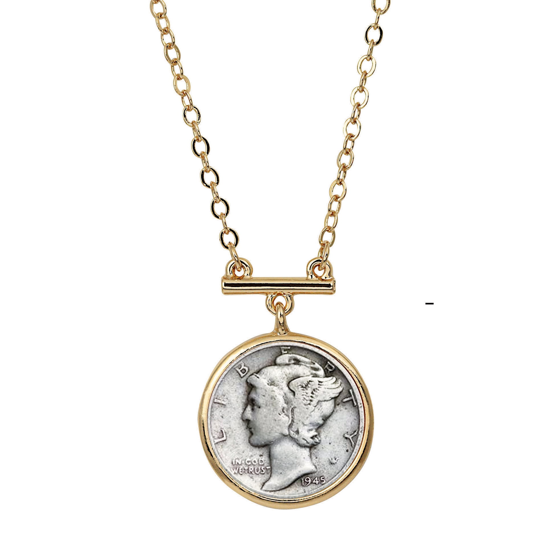 Mercury Dime Coin Pendant Bar Necklace | Goldtone Flat Cable | 18 Inch ...