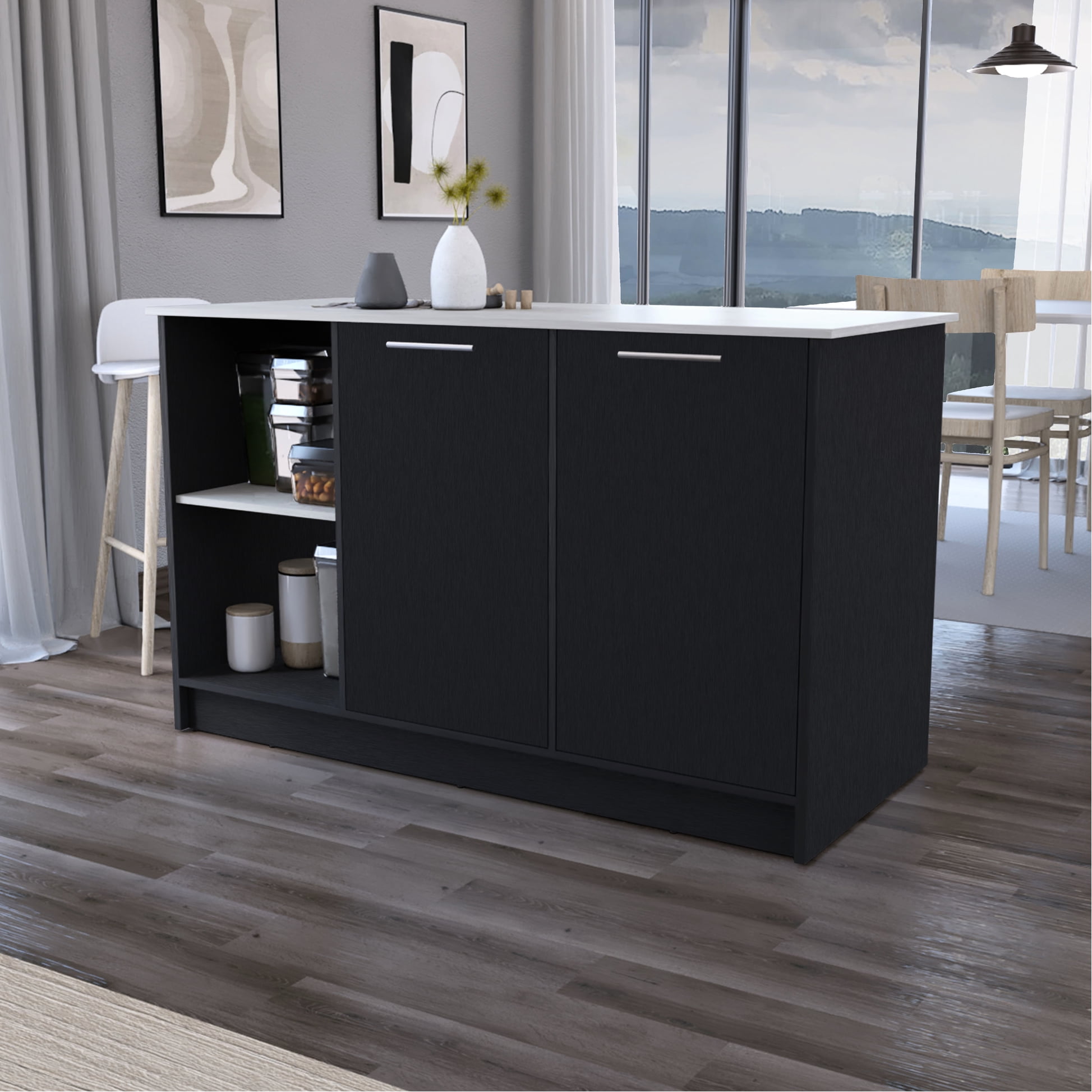 Mercury Kitchen Island With Expansive Workspace Countertop, Double Door ...