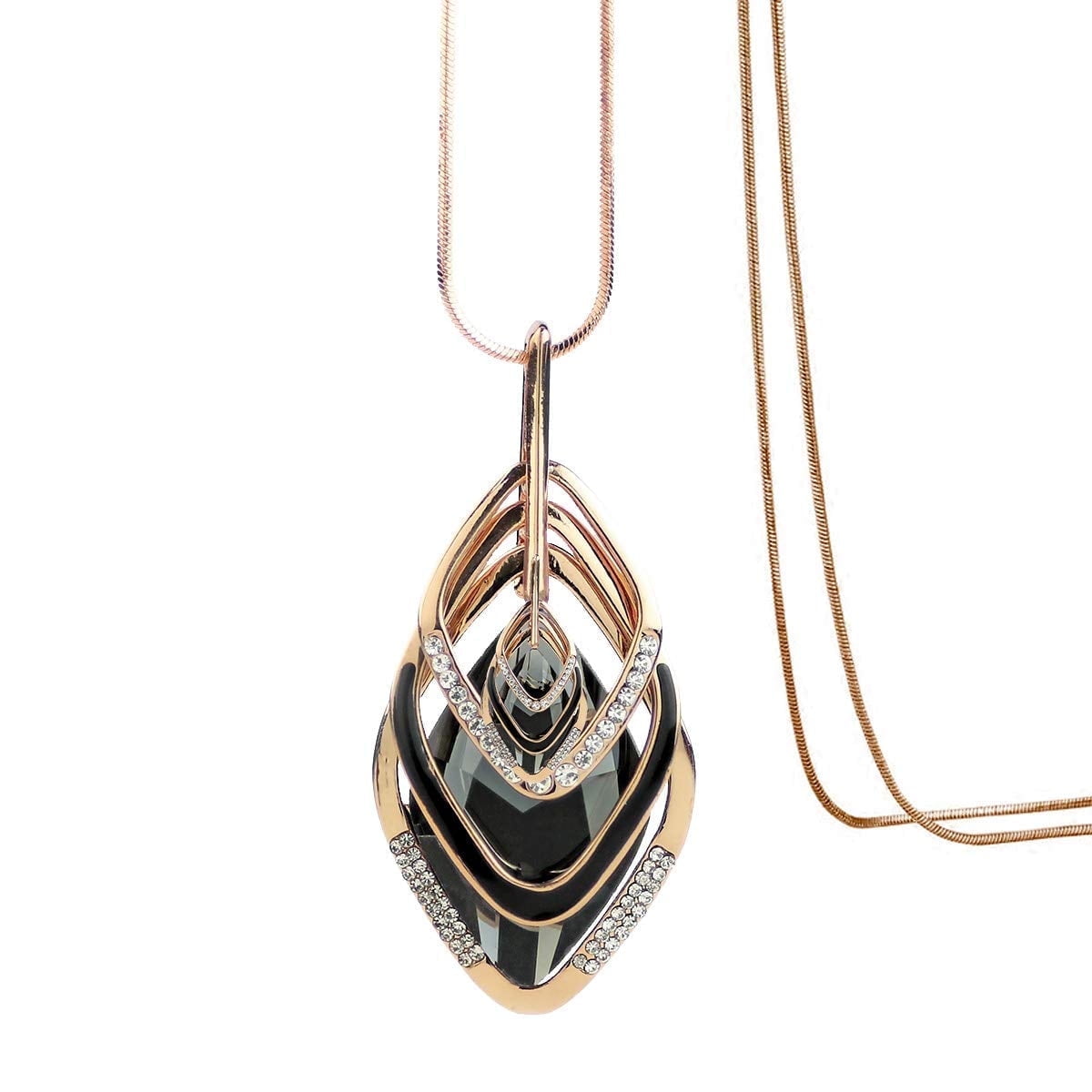 Merdia Black Glass Rhombus Pendant Necklace, Long Sweater Chain, 1 ...
