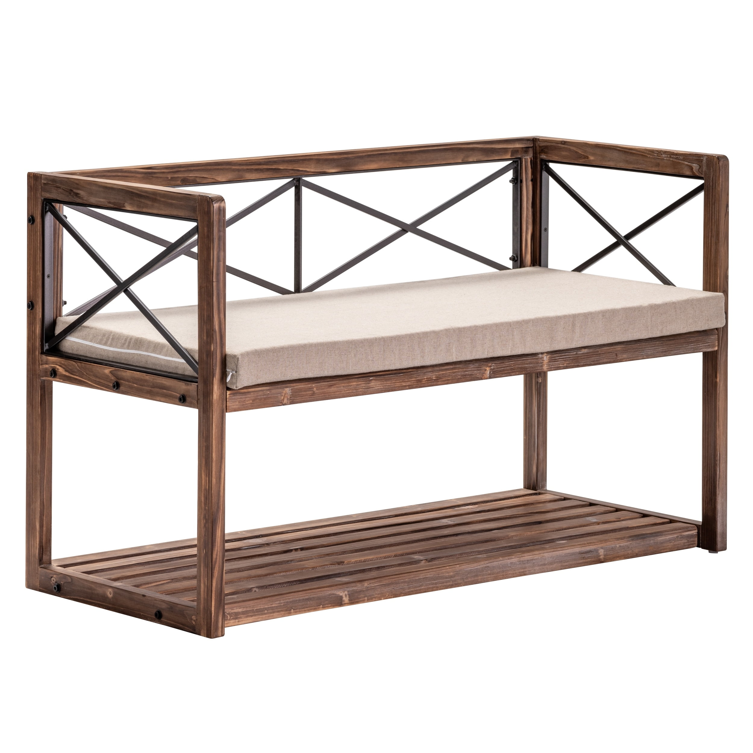 Meredith 49"W Fir Wood, Oatmeal Linen & Black Metal Bench - 49.25"W x ...