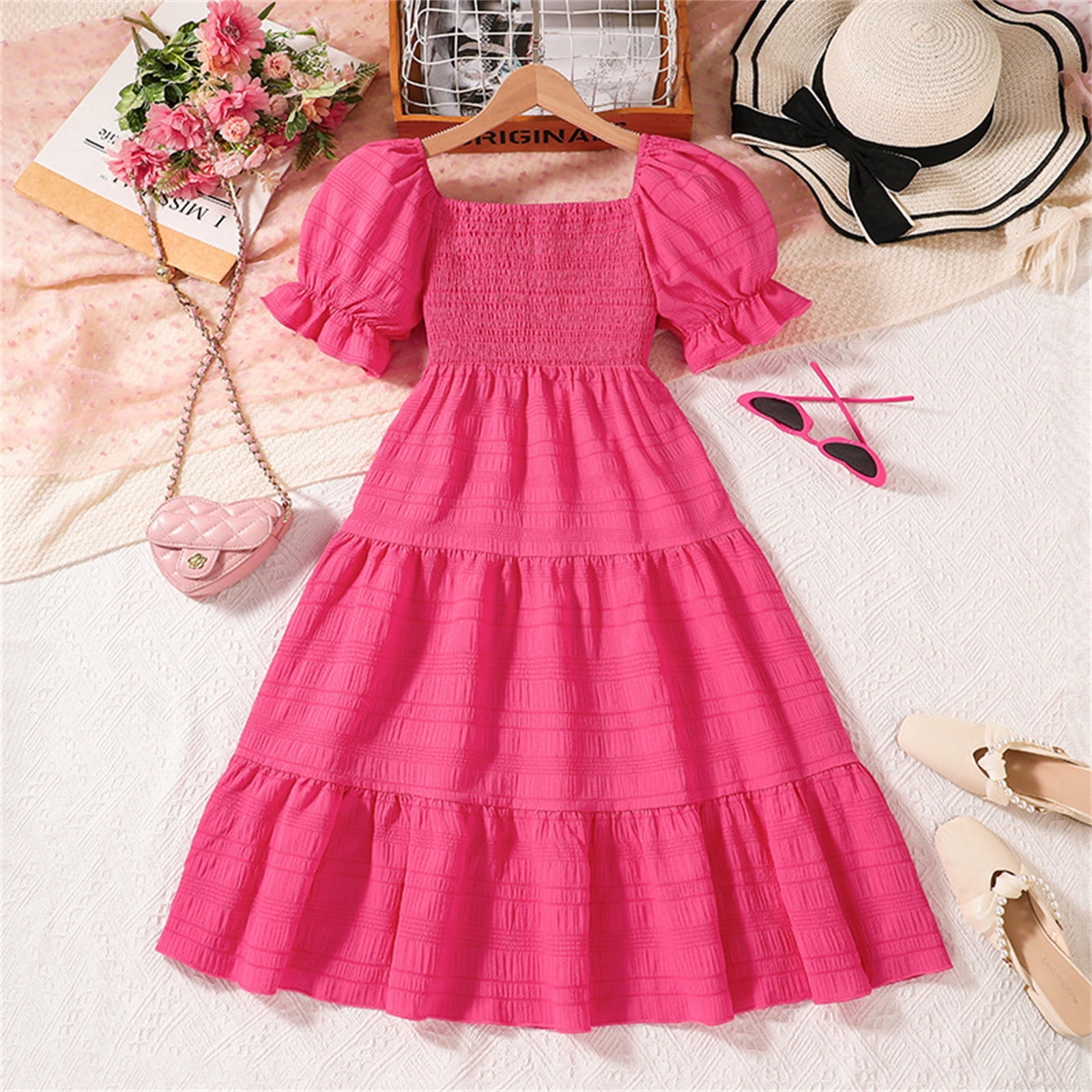 ZACPNCV Girls Puff Sleeve Dress Square Neck Boho Frilly Smocked Shirred ...