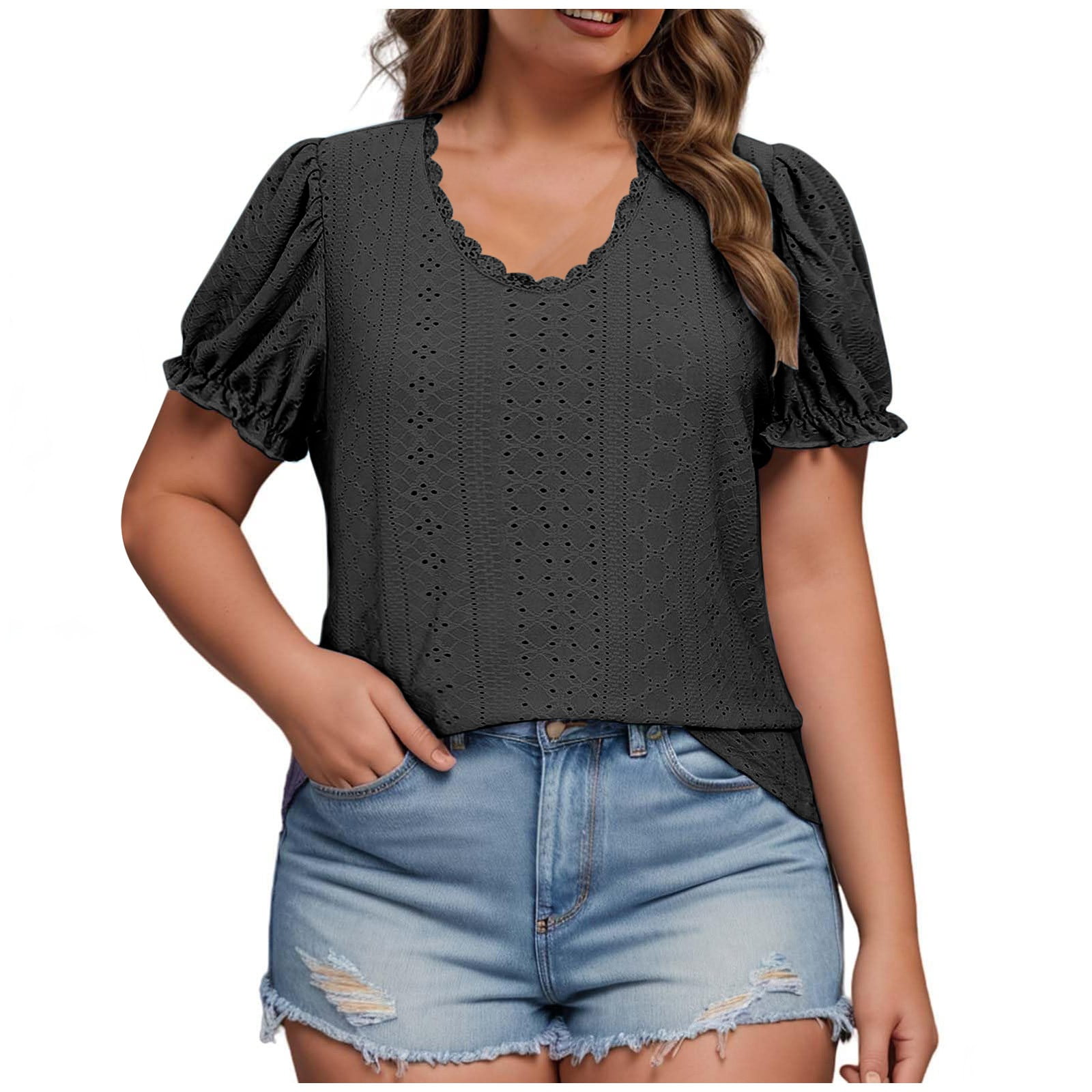 Meresysid Plus Size Short Sleeve Crop Tops For Women Summer Eyelet Crew