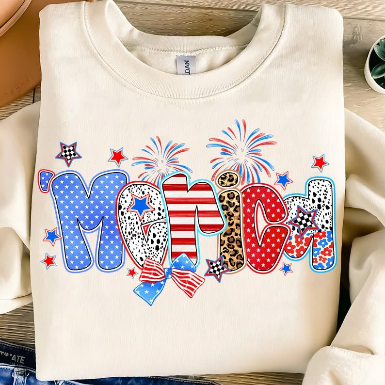 Merica Fireworks Sweatshirt – Patriotic USA Flag Crewneck with Stars ...