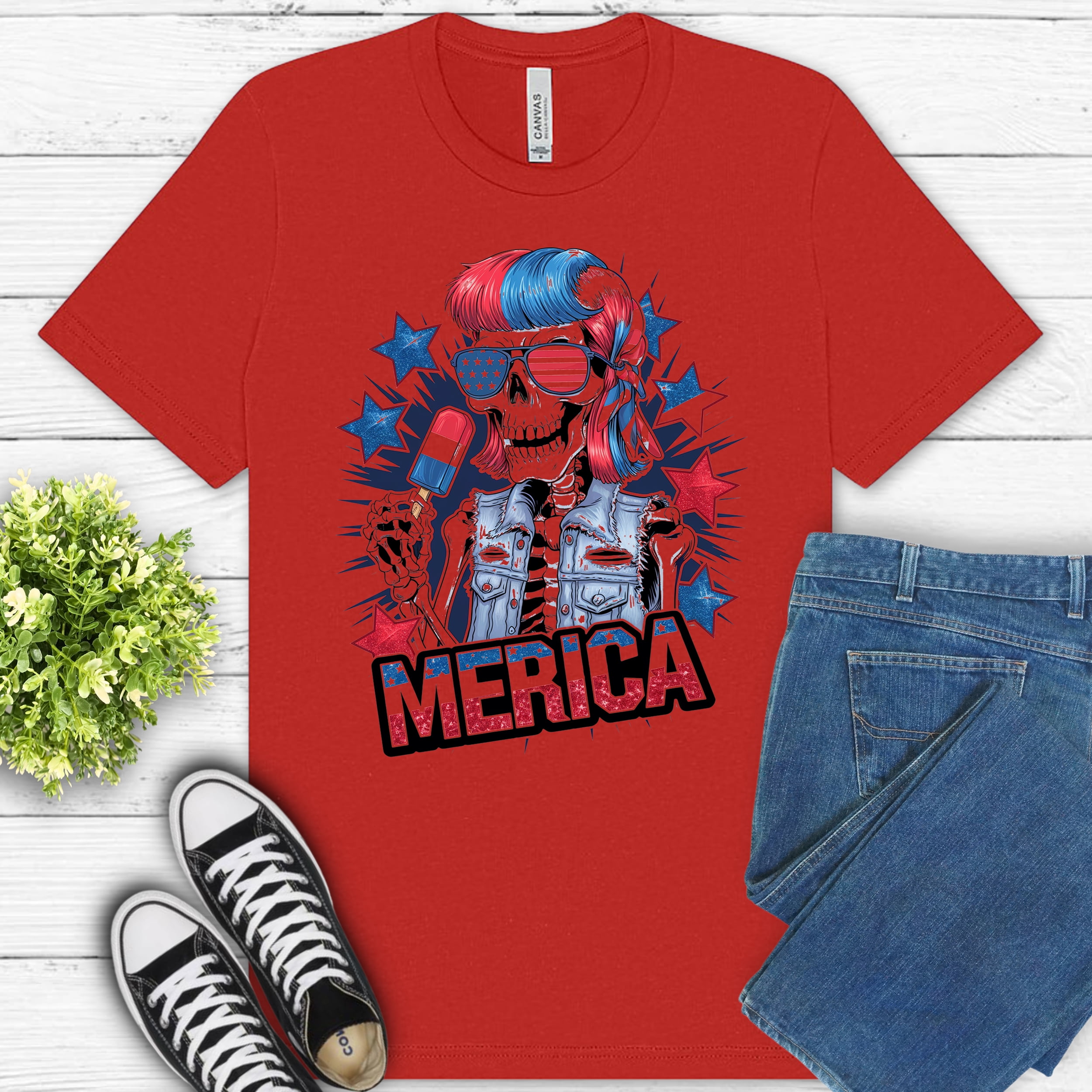 Merica Skeleton T-Shirt | Patriotic Skull USA Flag Ice Cream Graphic ...