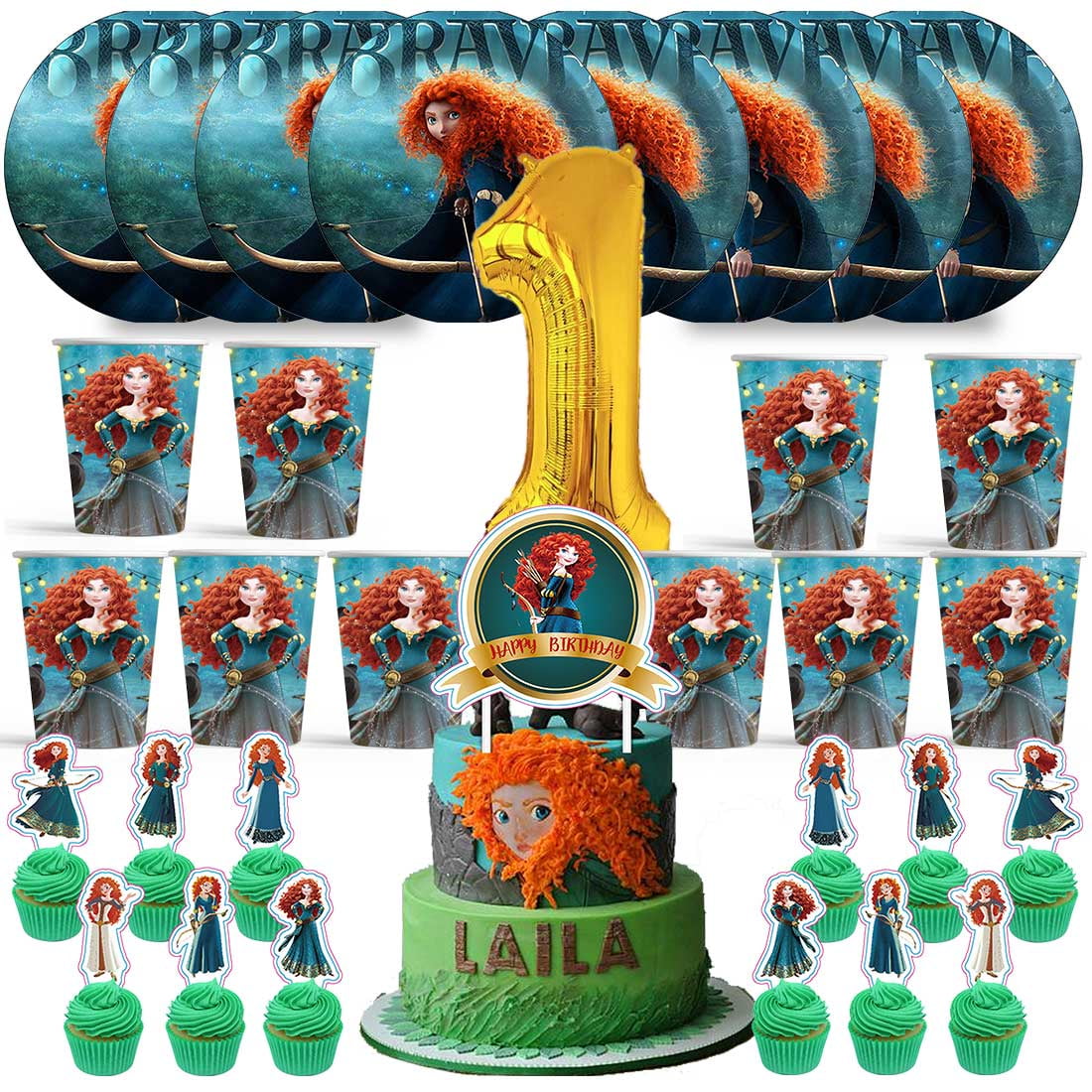 Merida Brave Princess Birthday 1st Cups Party Supplies Plates Fans ...