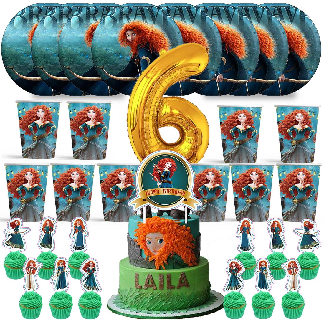 Merida Brave Princess Birthday 6th Cups Party Supplies Plates Fans ...
