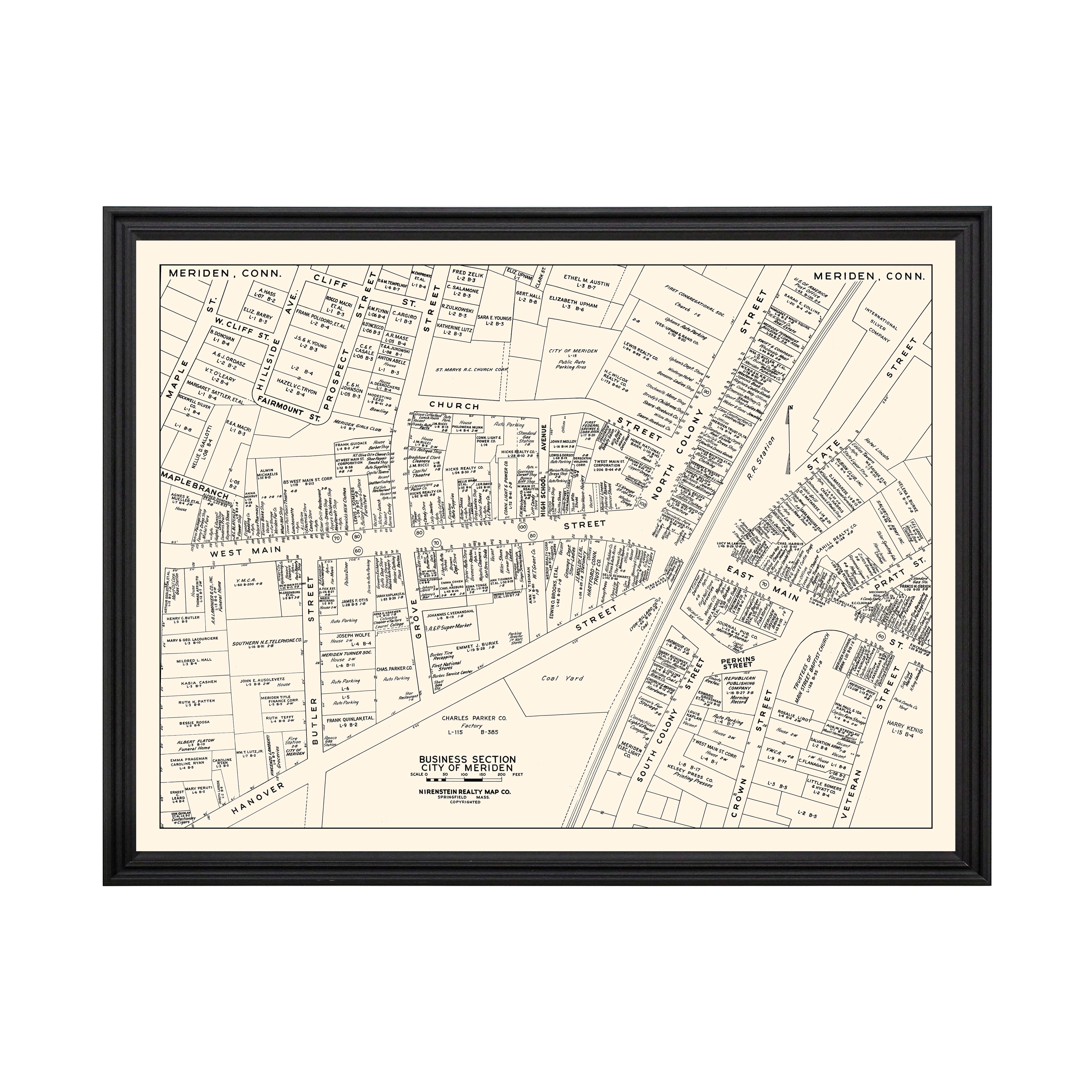 Meriden Art, 1946 Vintage Map of Downtown Meriden Connecticut, CT ...