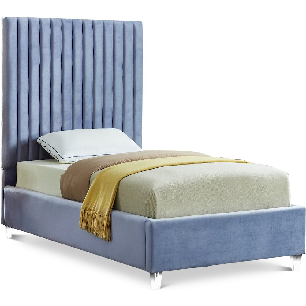 Meridian Furniture Candace Solid Wood Tufted Velvet Twin Bed in SKy ...