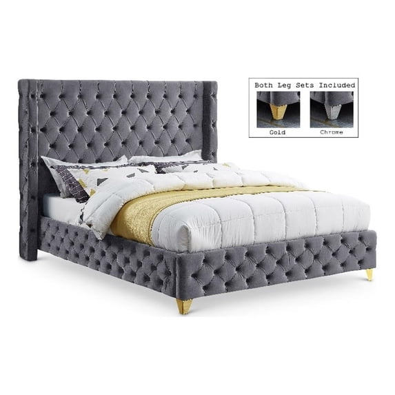 Meridian Furniture Savan Gray Velvet Queen Bed - Walmart.com