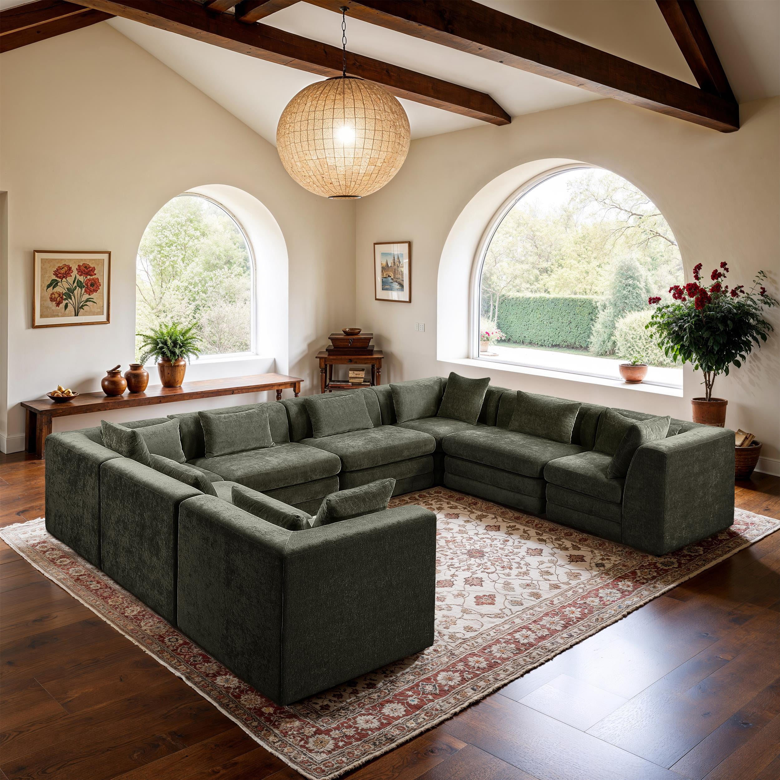 Meridian Furniture Stellar 152" Green Chenille Fabric 8Pc. Modular ...
