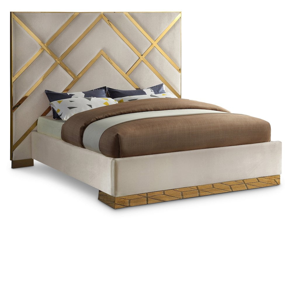 Meridian Furniture Vector Rich Velvet Queen Bed in Cream - Walmart.com