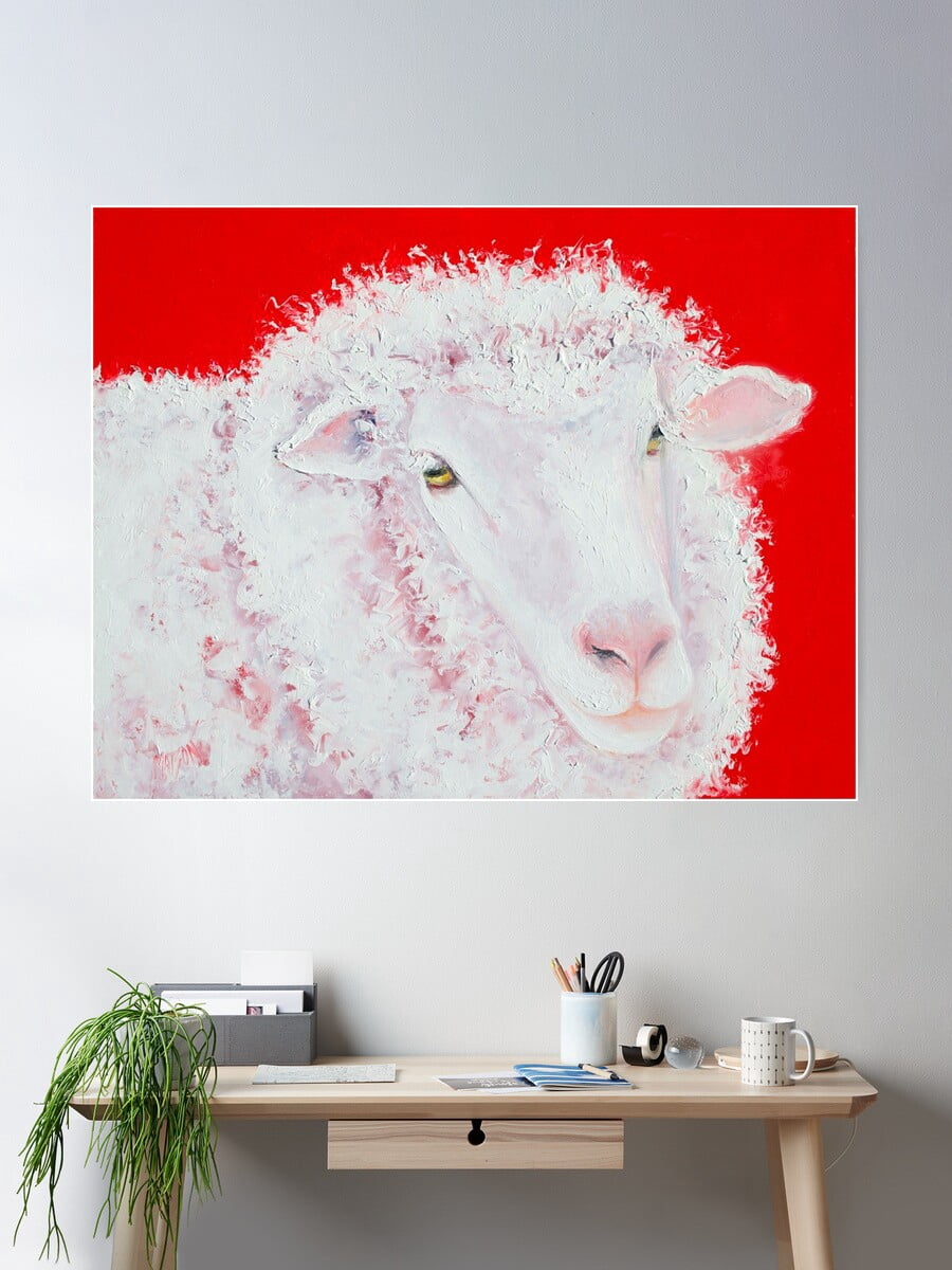 Merino Sheep Painting On Red Poster Wall Art, Modern Wall Decor For ...