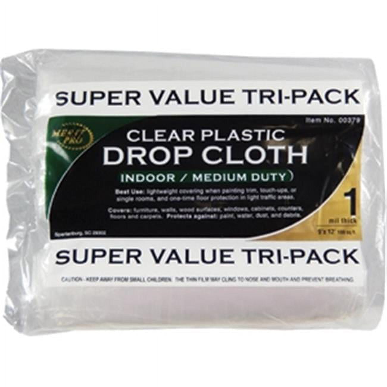 Merit Pro 379 9 x 12 ft. 1 mil. Dynamic Clear Rolled Drop Cloth, 3 Pack ...