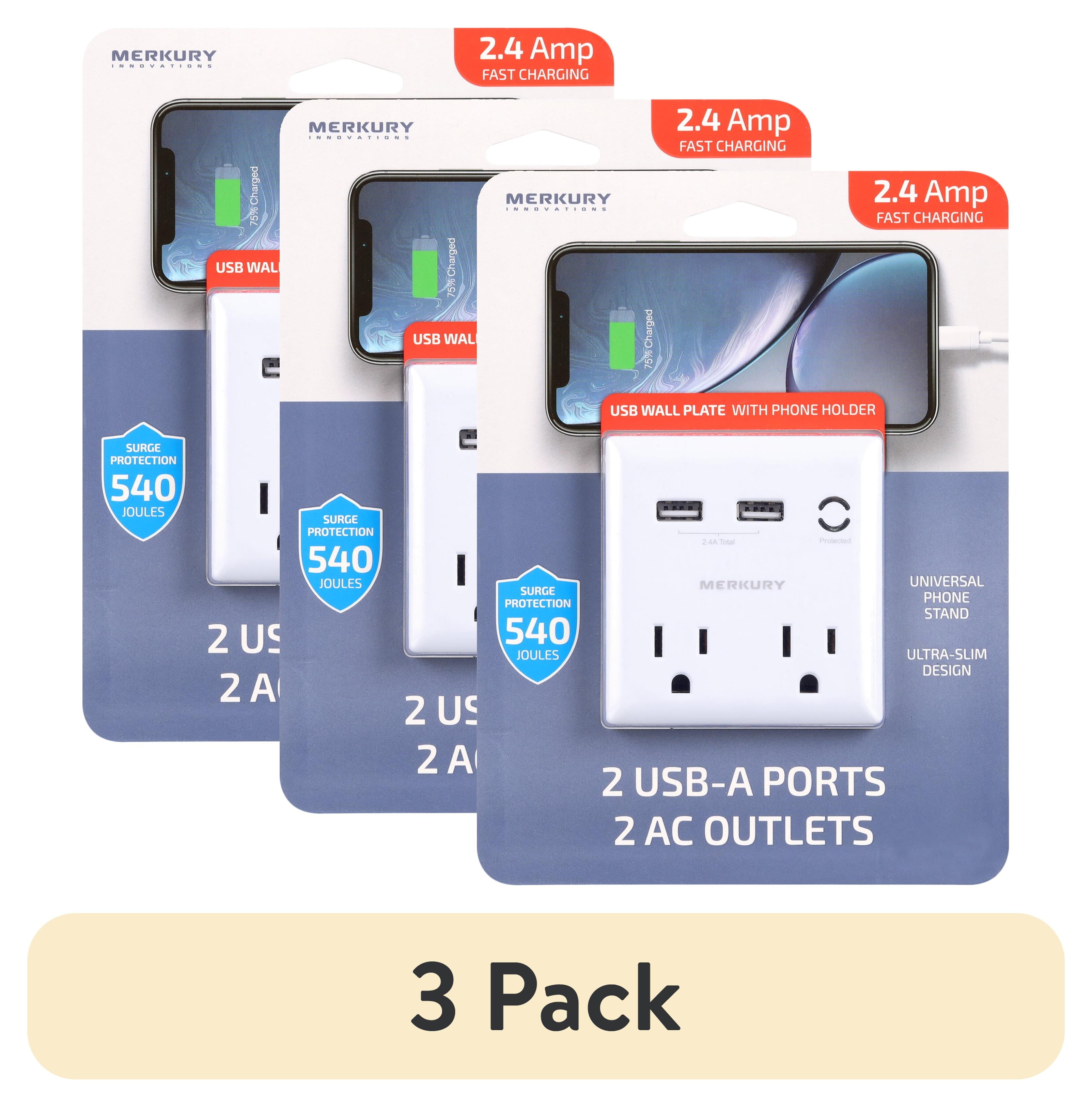 (3 pack) Merkury Innovations 2.4 Amp Wall Charger, 2 Outlets with 2 USB ...
