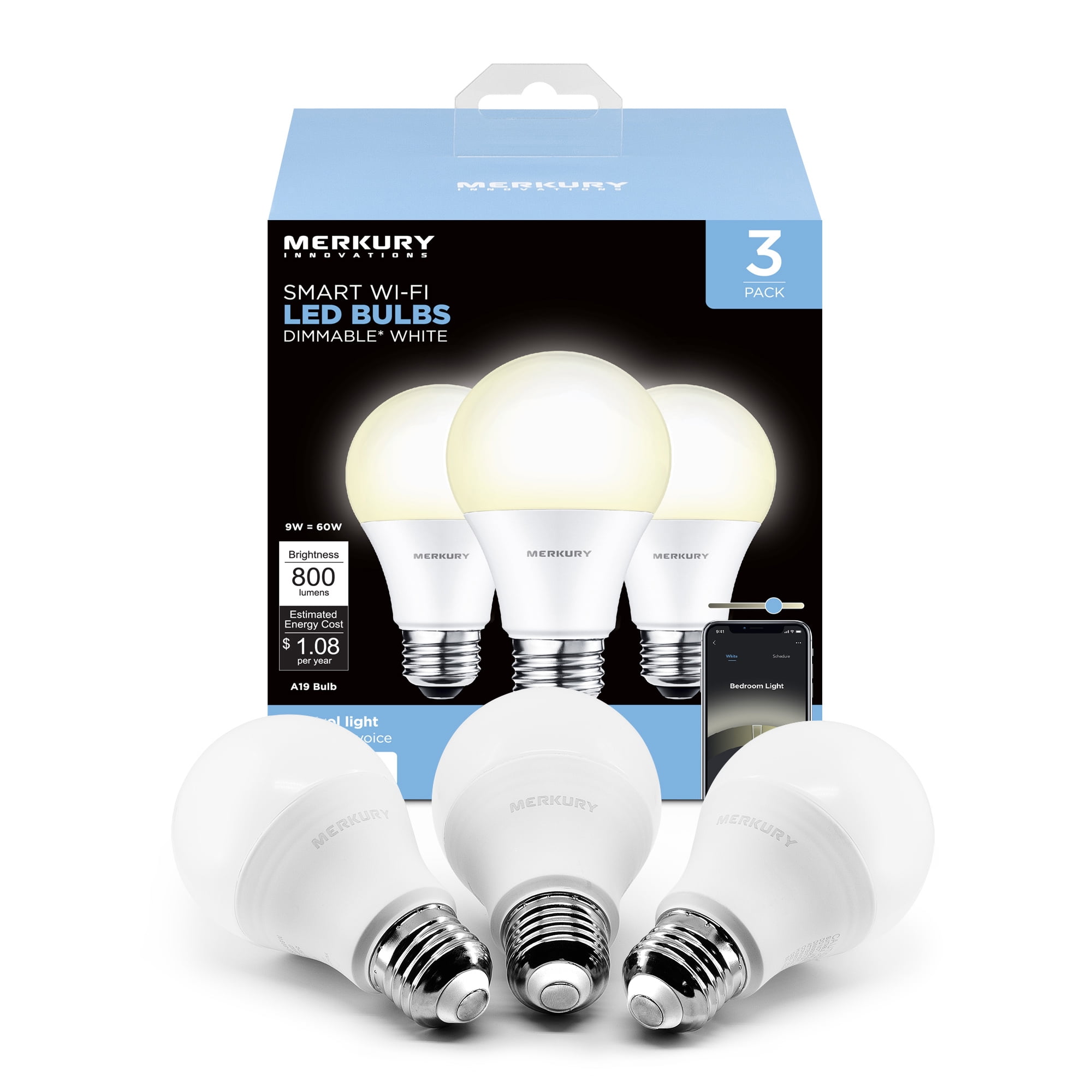 Merkury Innovations A19 Smart Light Bulb, 60W Dimmable White LED ...
