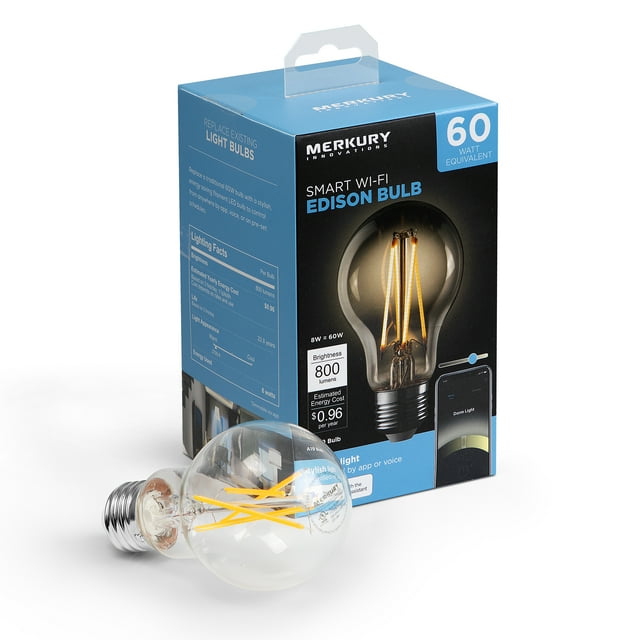 Merkury Innovations A19 WiFi LED Smart Bulb 60W Glass Vintage Edison ...