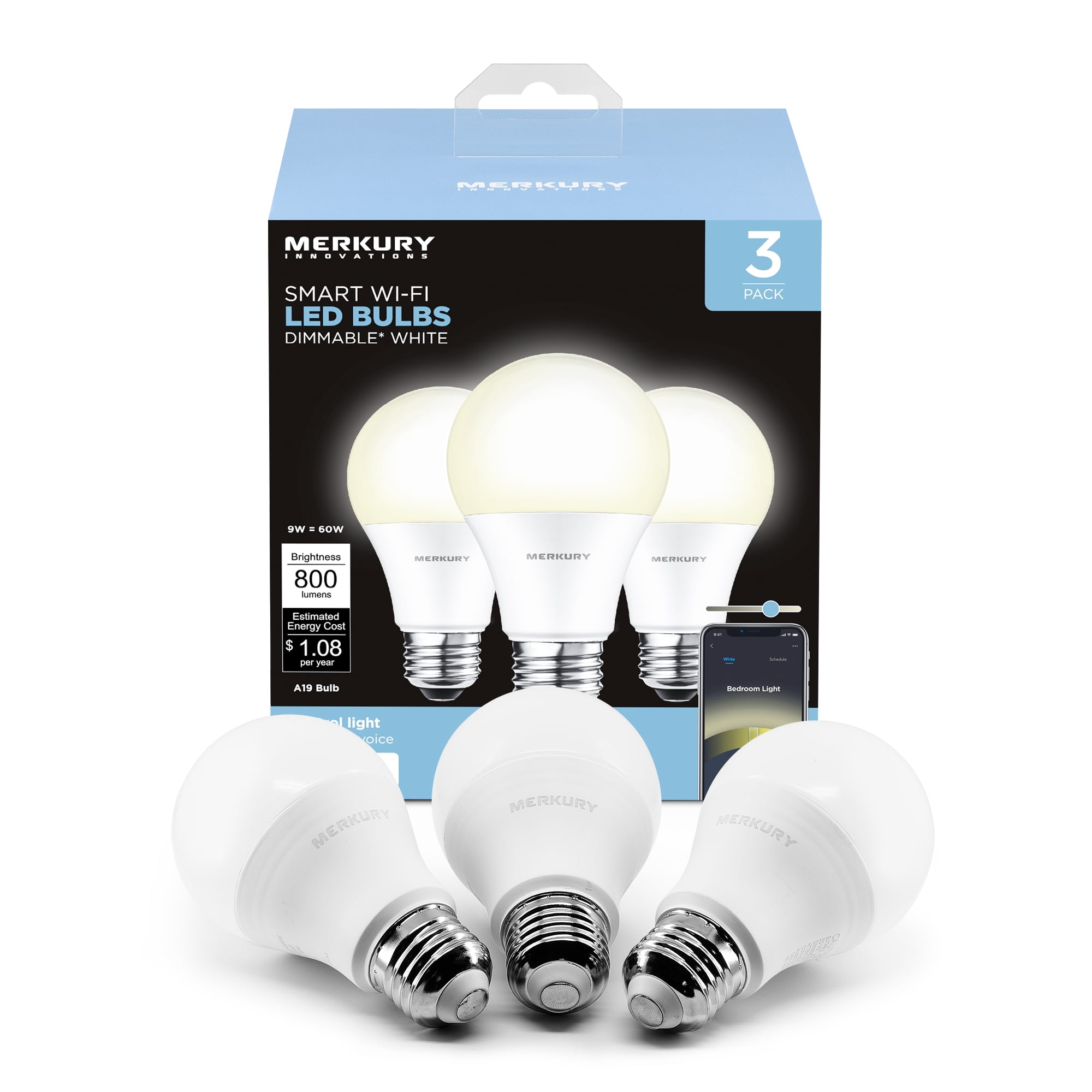 Merkury Innovations Indoor A19 Smart White LED Bulb, 60W, Dimmable, 3 ...