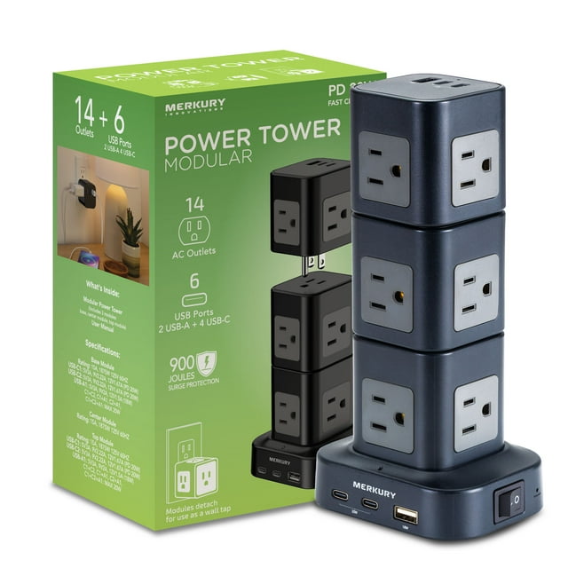 Merkury Innovations Modular Power Tower, 14 AC Outlets, 6 USB-A, 4 USB ...