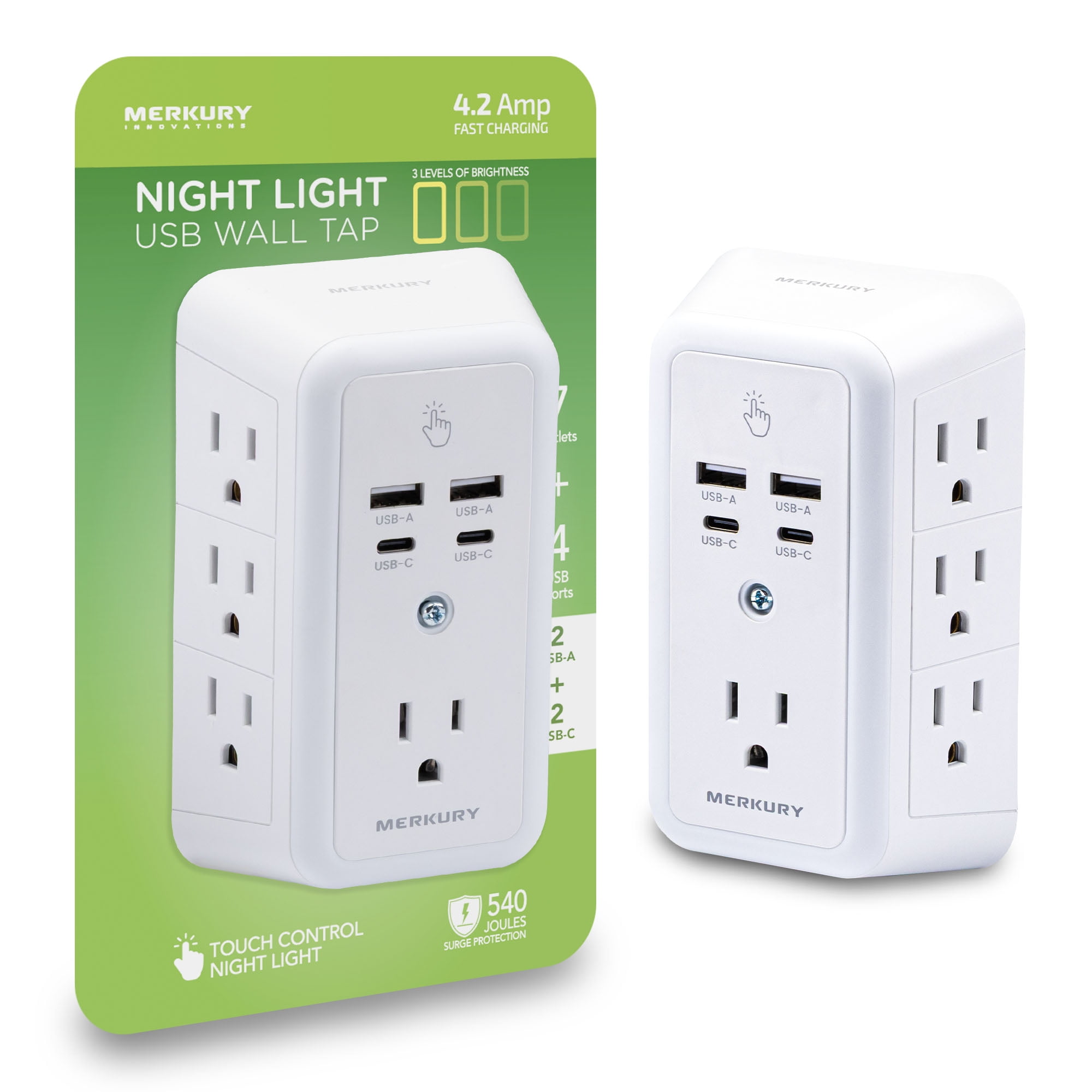 Merkury Innovations Wall Tap Night Light, 7 AC Outlets, 2 USB-A & 2 USB ...