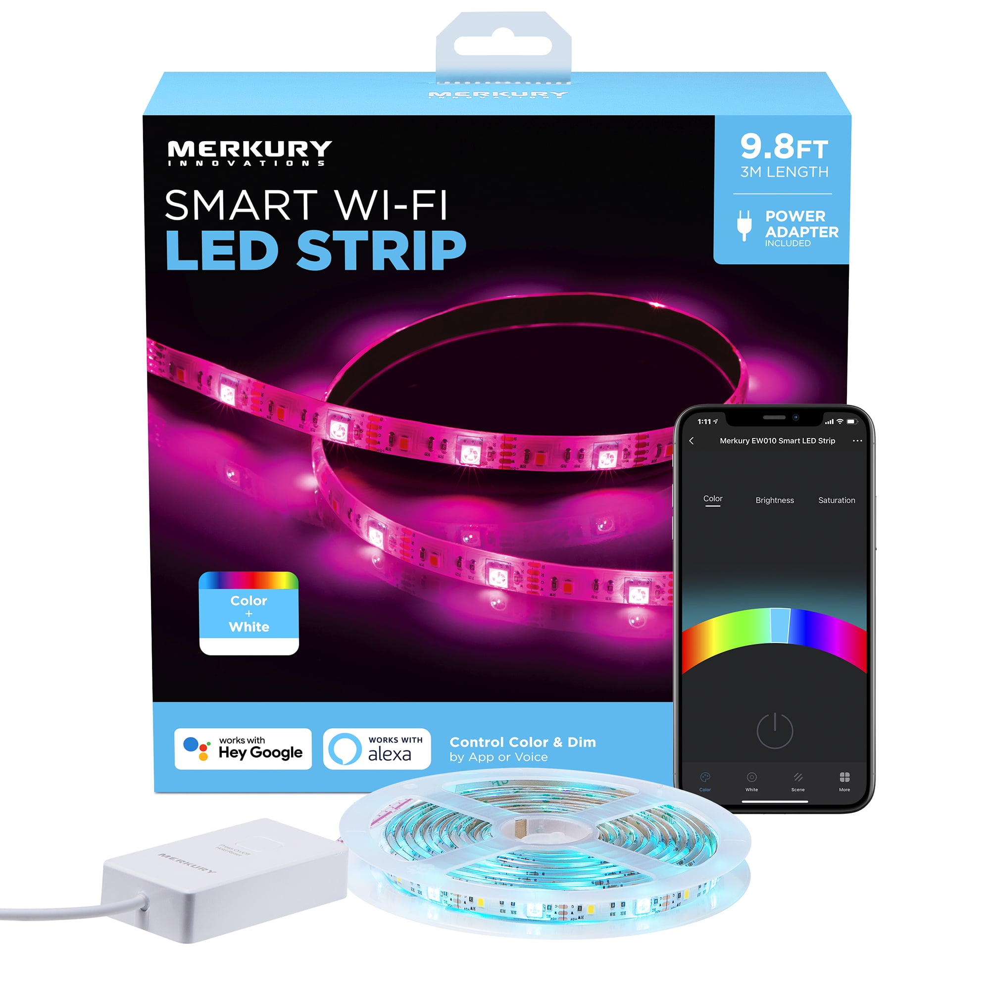 Merkury Innovations Smart RGBW Indoor Strip Lights, Multicolor, 10ft ...
