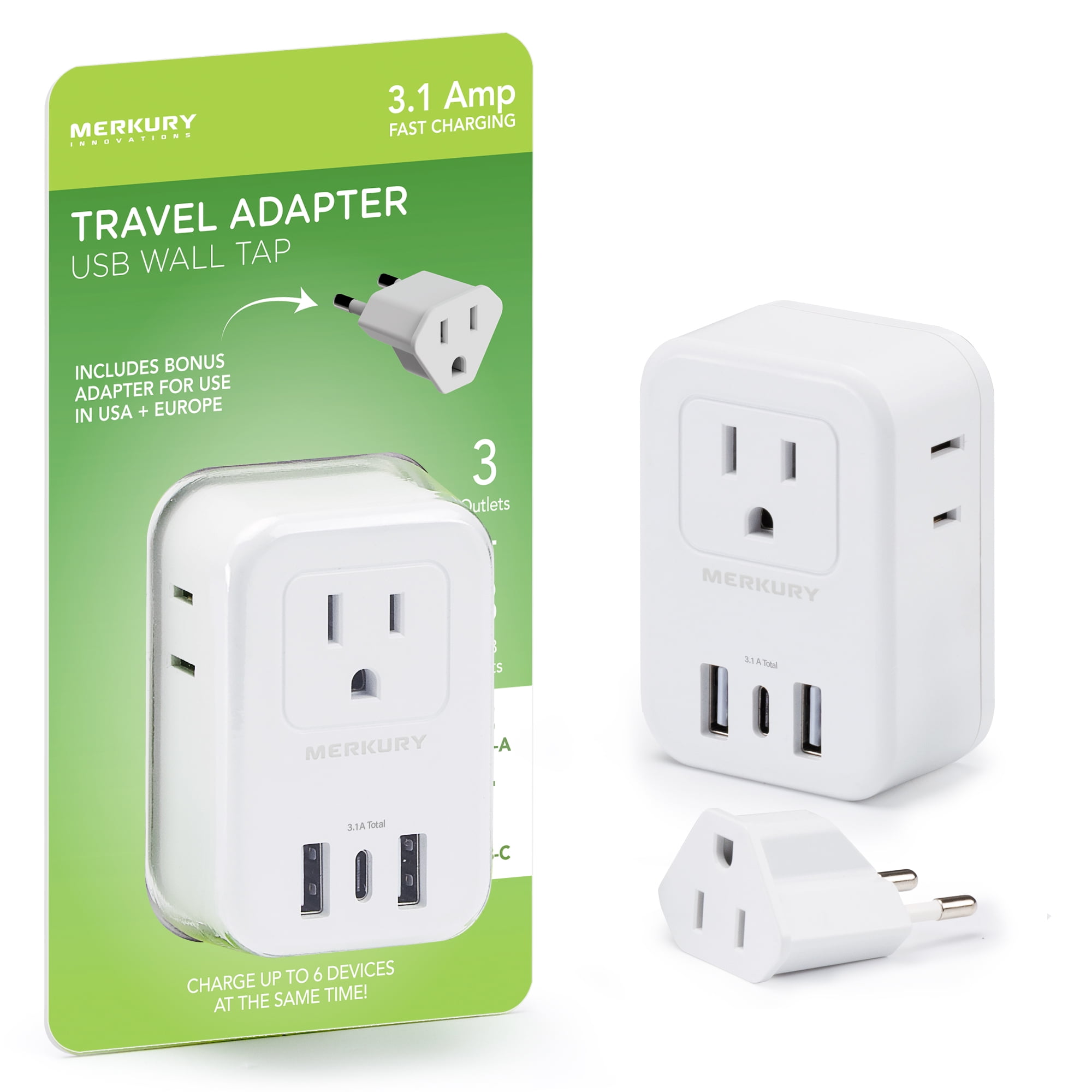 Merkury Innovations 6 Outlet Surge Protector with EU Travel Adapter, 3 ...