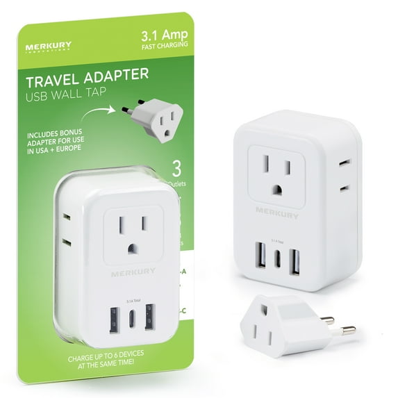 Merkury Innovations 6 Outlet Surge Protector with EU Travel Adapter, 3 ...