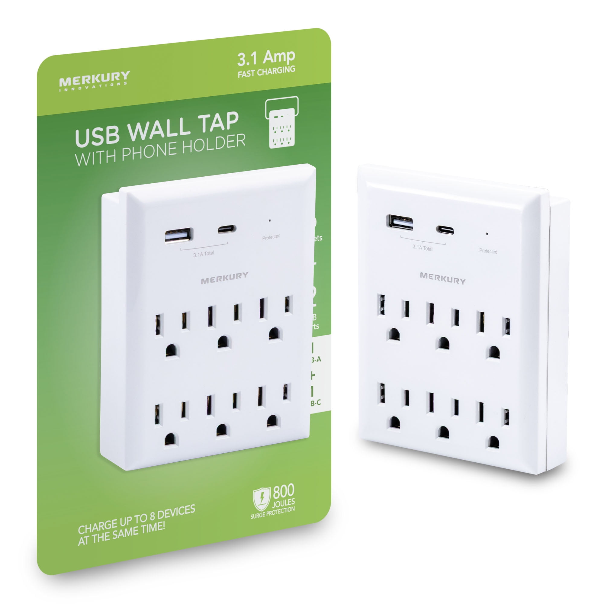 Merkury Innovations Wall Tap with Phone Holder, 6 AC Outlets, USB-a and ...