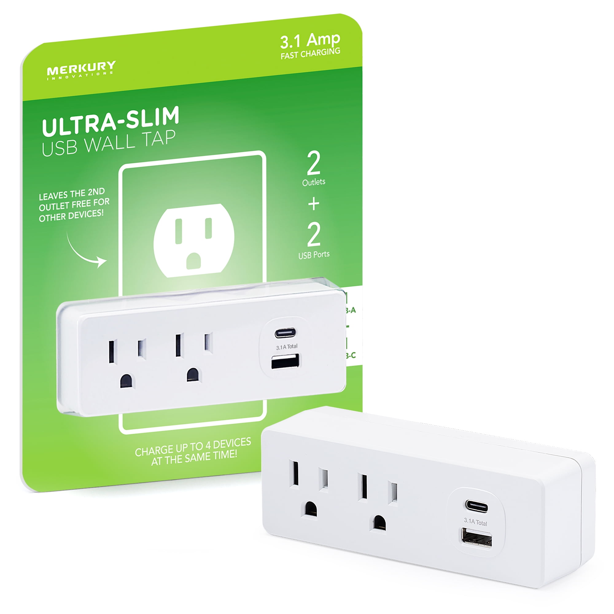 Merkury Innovations Ultra-Slim USB Wall Tap, 2 AC Outlets, 1 USB-A & 1 ...