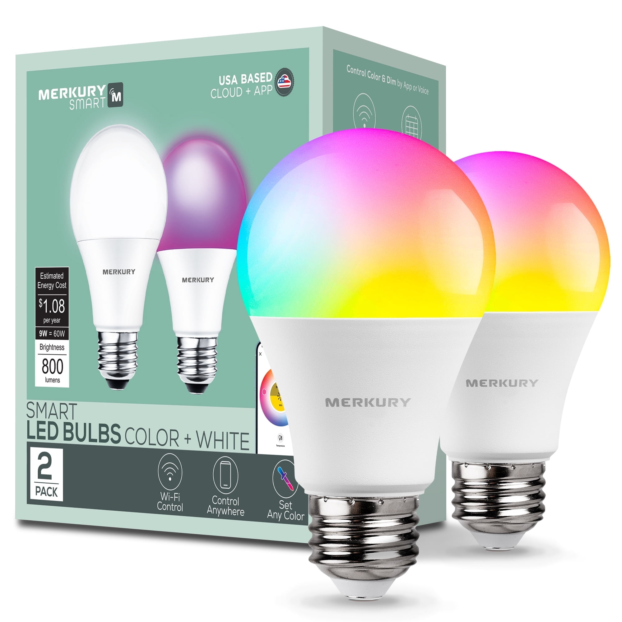 Merkury Smart A19 Color Changing Light Bulbs - 2-Pack, 800 Lumen ...