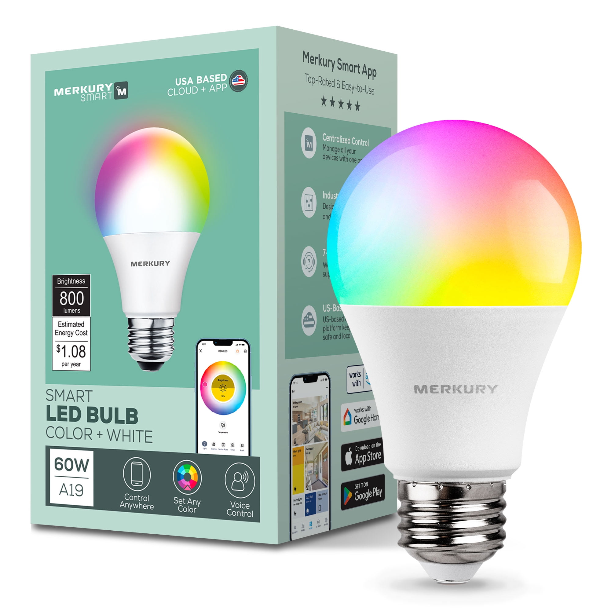 Merkury Smart LED Bulb - 9W (60W Eqv) RGBW Dimmable A19 Light, E26 Base ...