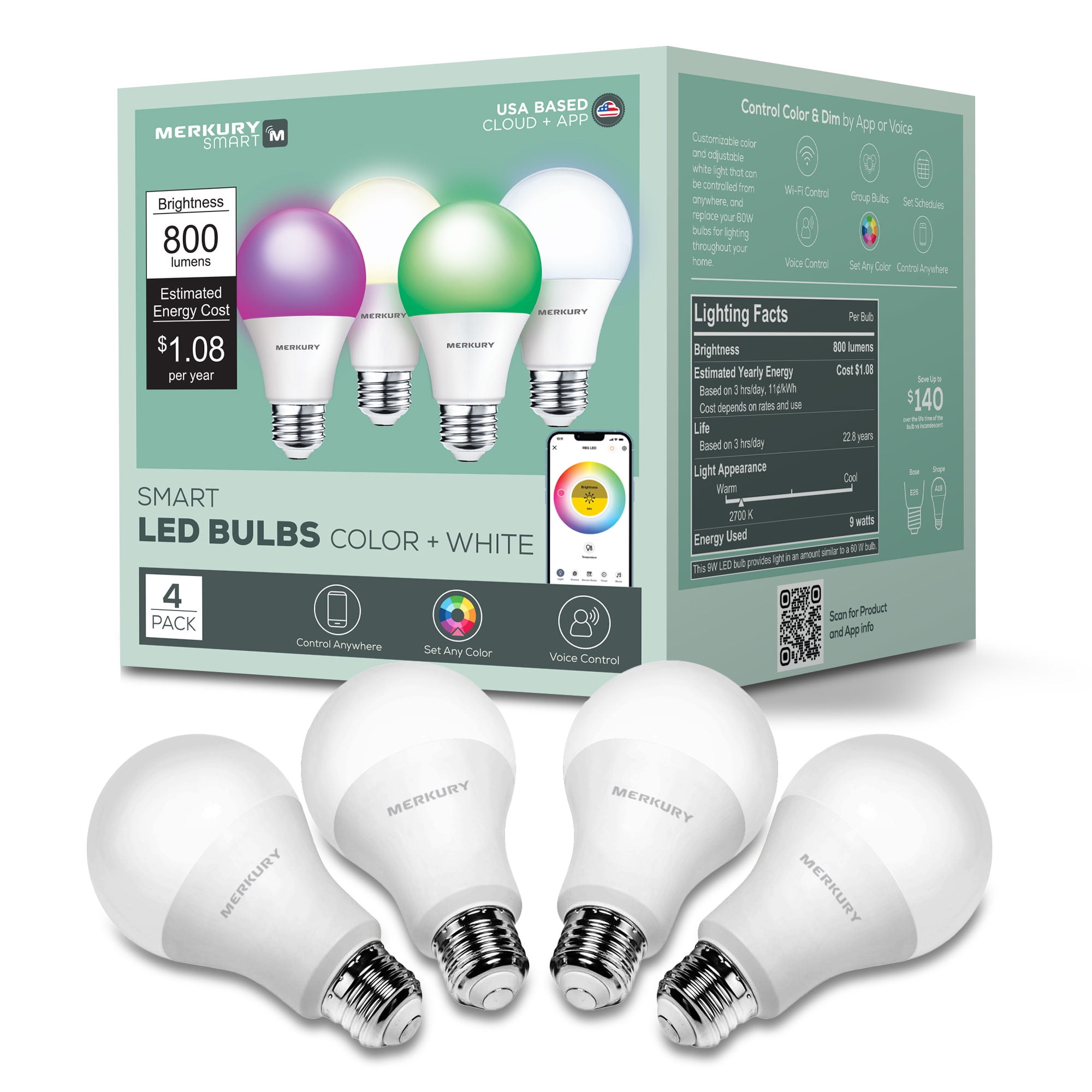 Merkury Smart LED Bulbs - 9W (60W Eqv) RGBW Dimmable A19 Light, E26 ...