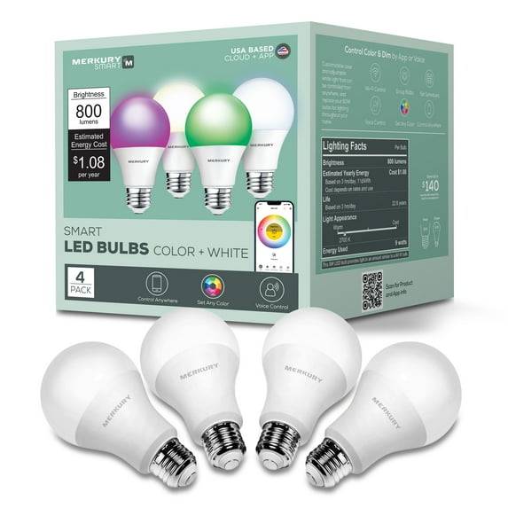 Merkury Smart LED Bulbs - 9W (60W Eqv) RGBW Dimmable A19 Light, E26 ...