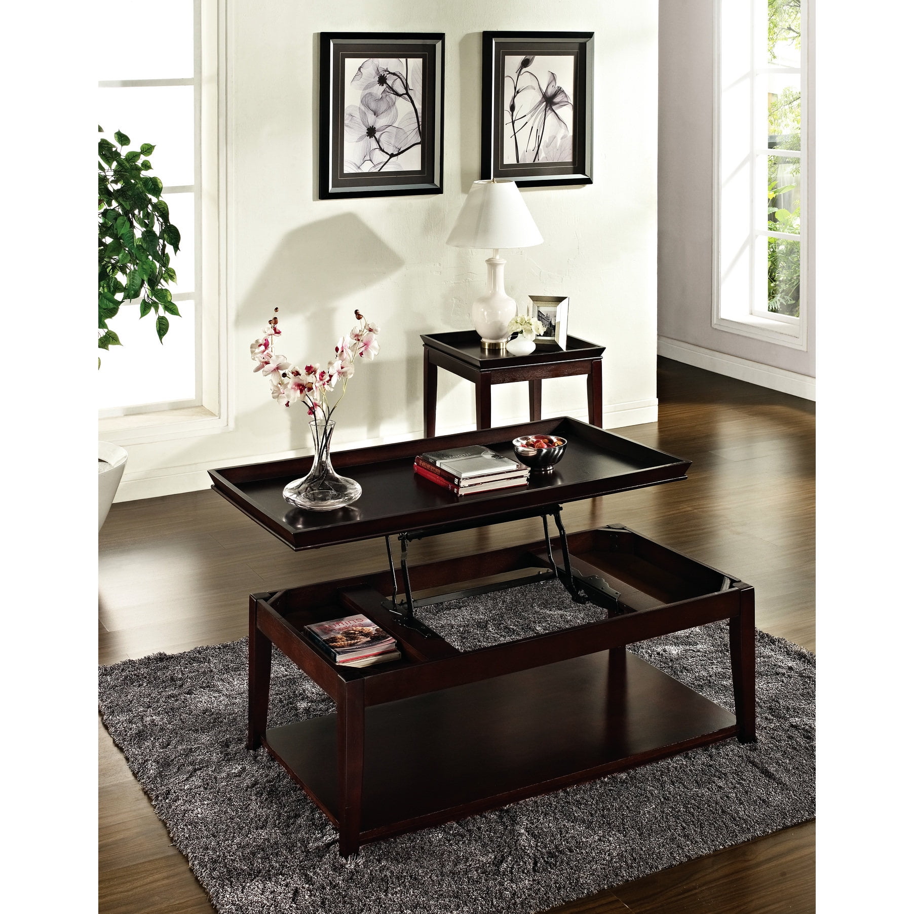 Merlot Cherry Lift Top Cocktail Table with Hidden Storage and Casters ...