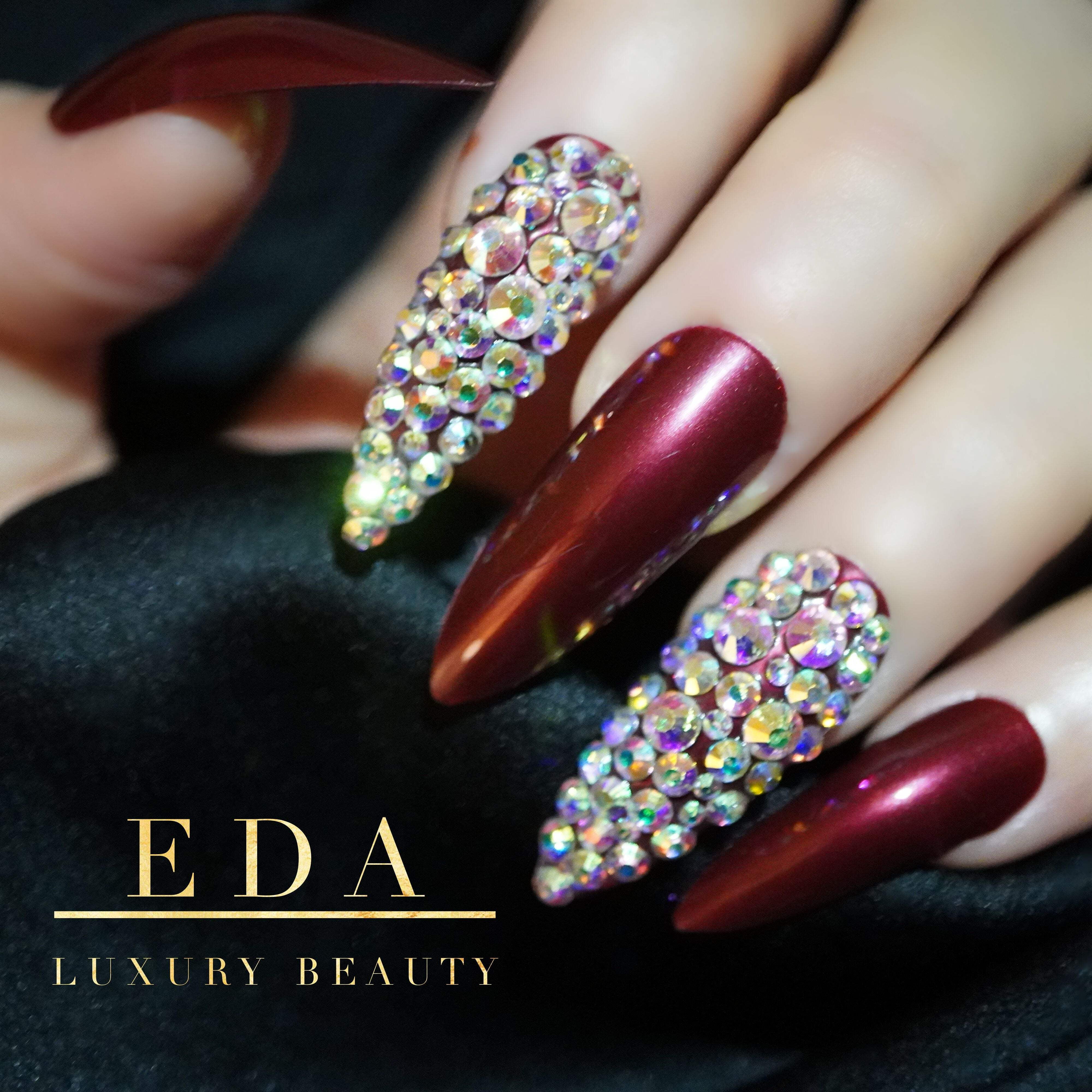 Merlot Kiss, Burgundy Red 3D Crystal Press On Nails, Extra Long Tips ...