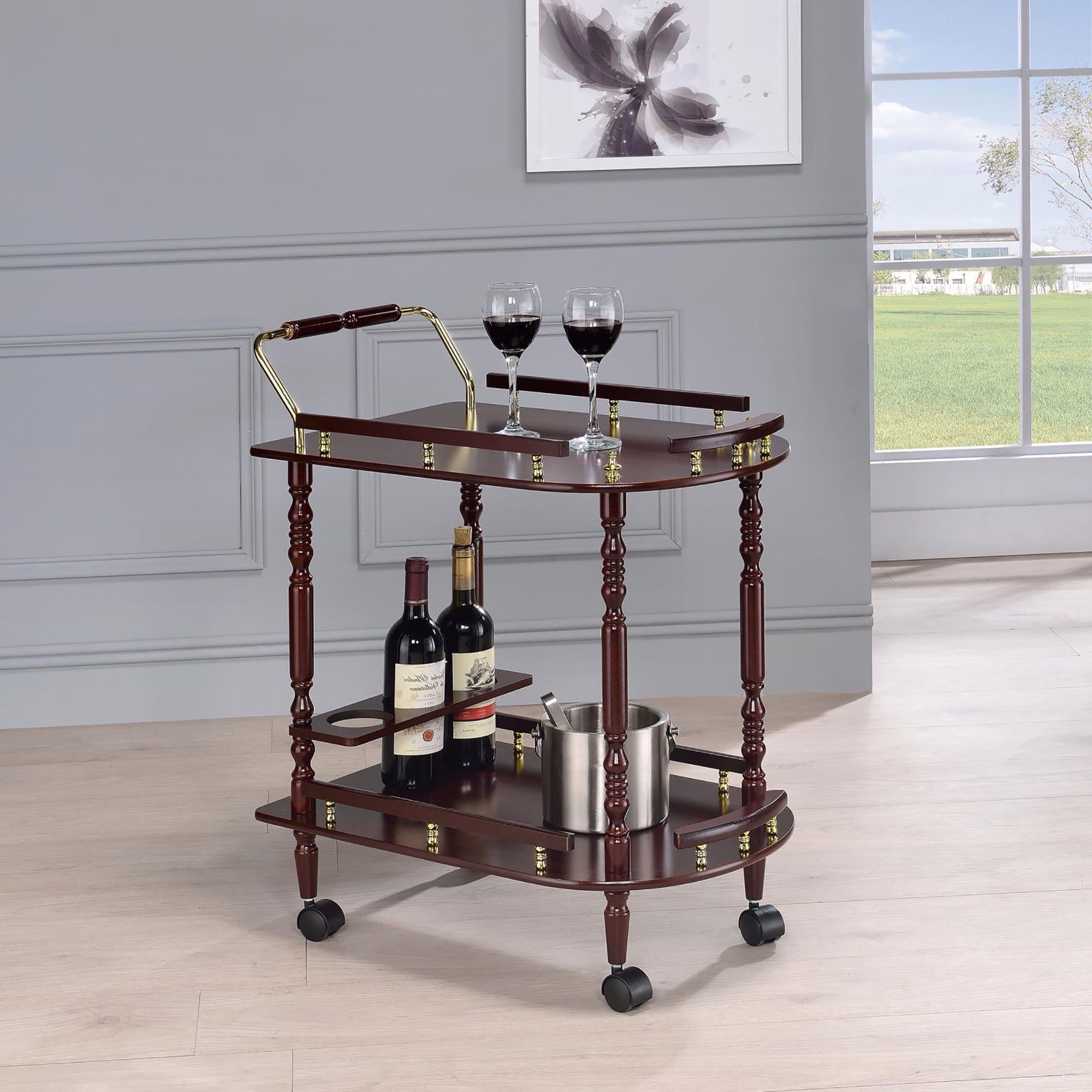 Merlot and Brass 2-Shelf Serving Cart,Brown Wood+Metal Furniture Dining ...